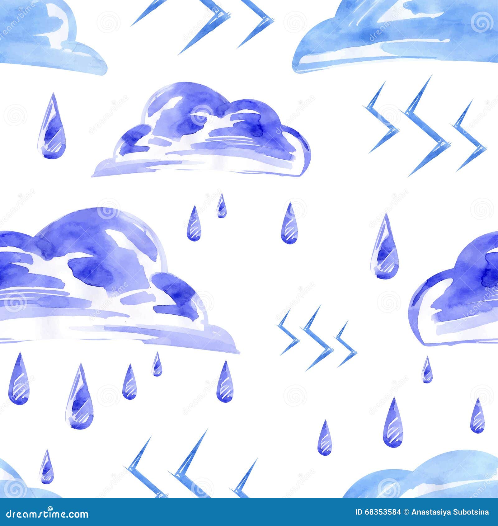 Watercolor Seamless Pattern with Rain and Lightning. Stock Vector ...