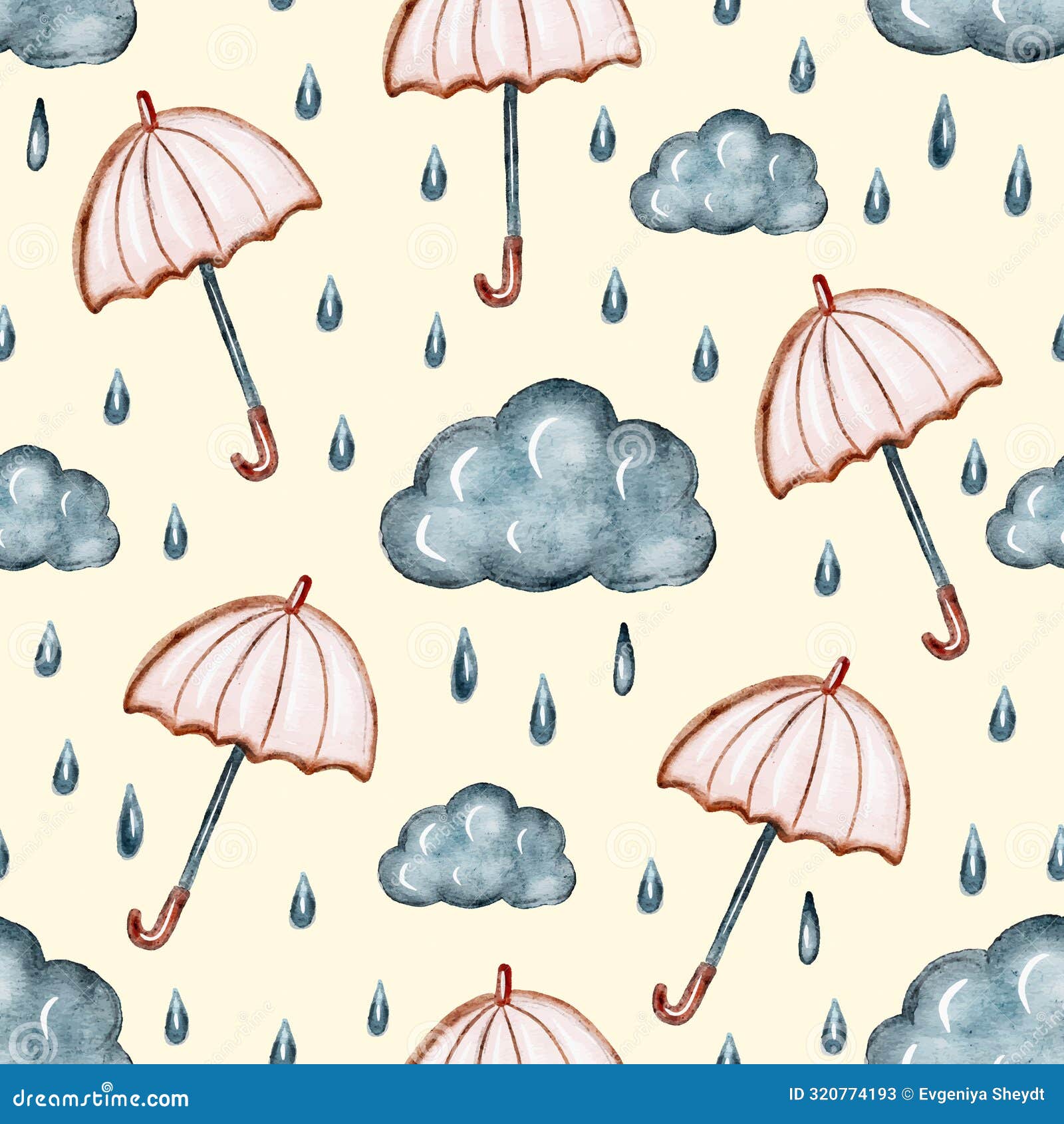 Watercolor Seamless Pattern with Rain and Umbrella, Cute Kids ...