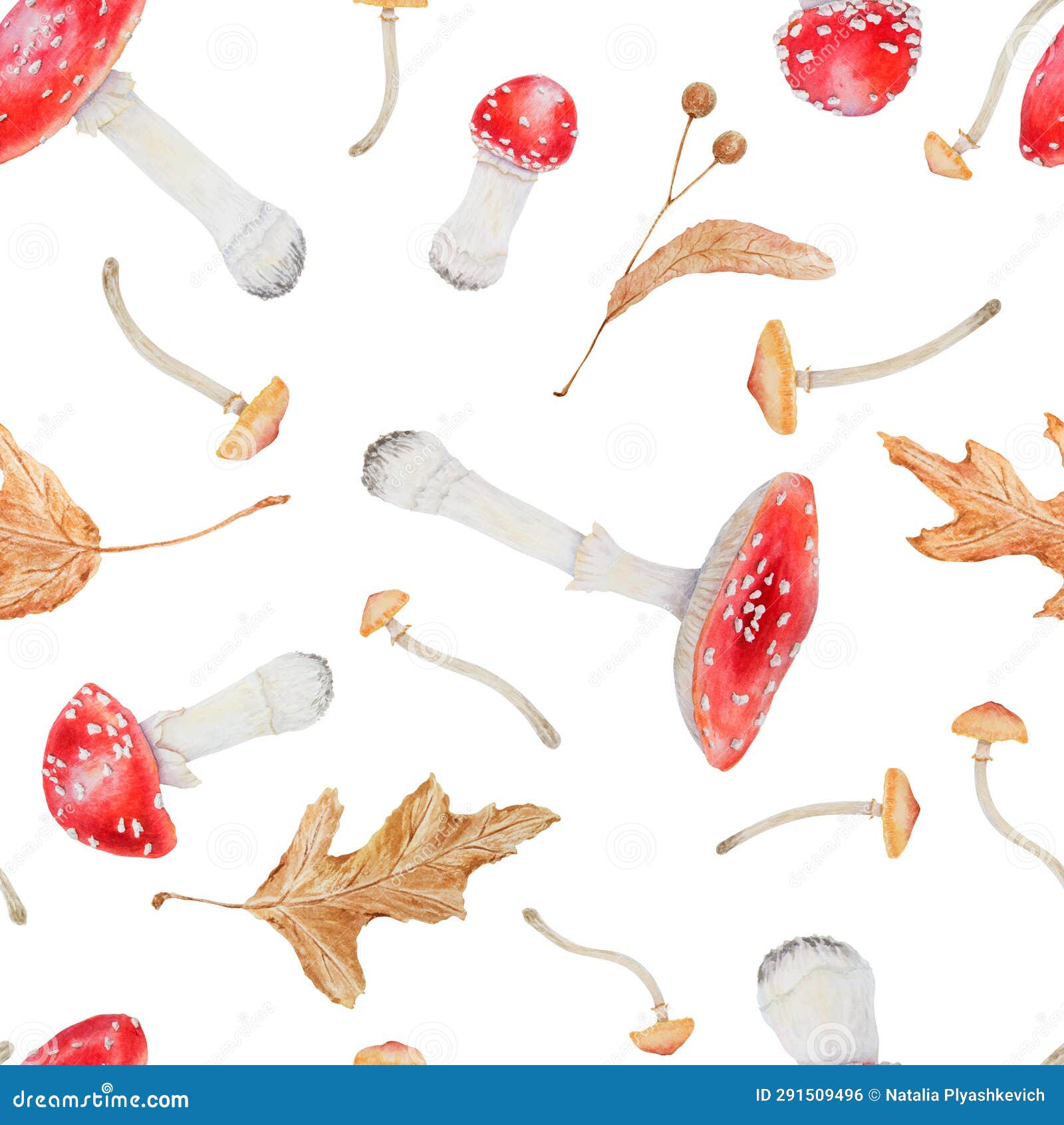 Watercolor Seamless Pattern Of Red Fly Agaric Galerina Marginata And