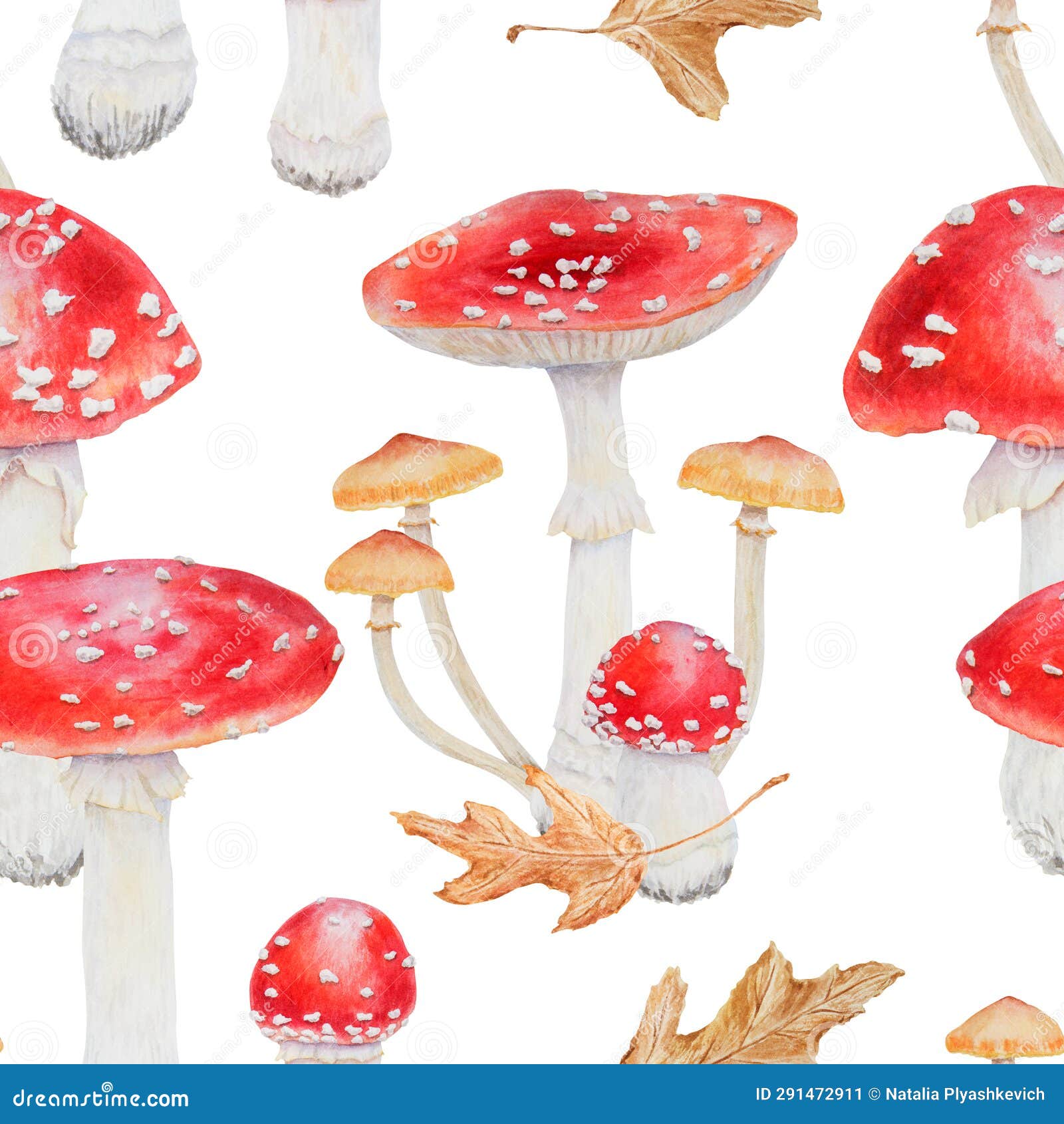 Watercolor Seamless Pattern Of Red Fly Agaric And Galerina Marginata