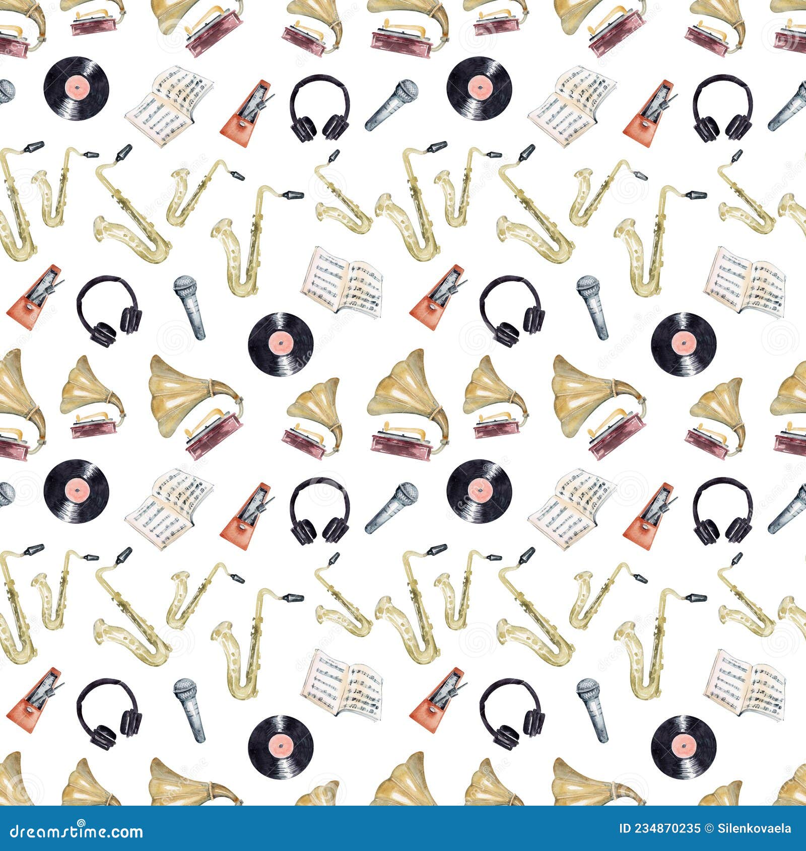 Watercolor Seamless Pattern with Retro Musical Instruments Stock ...