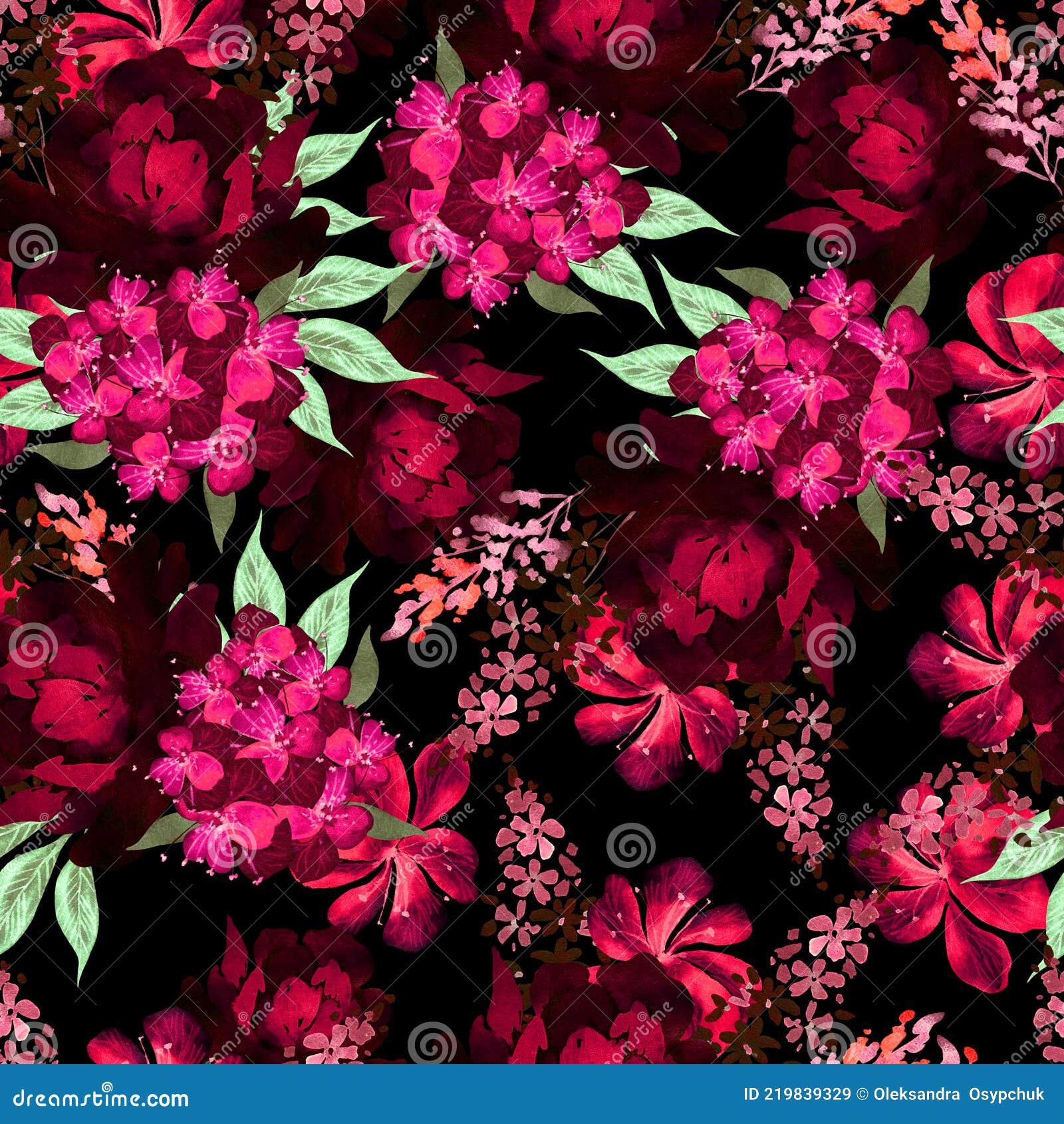 Watercolor Seamless Pattern with Roses, Peony and Hydrangea Flowers ...