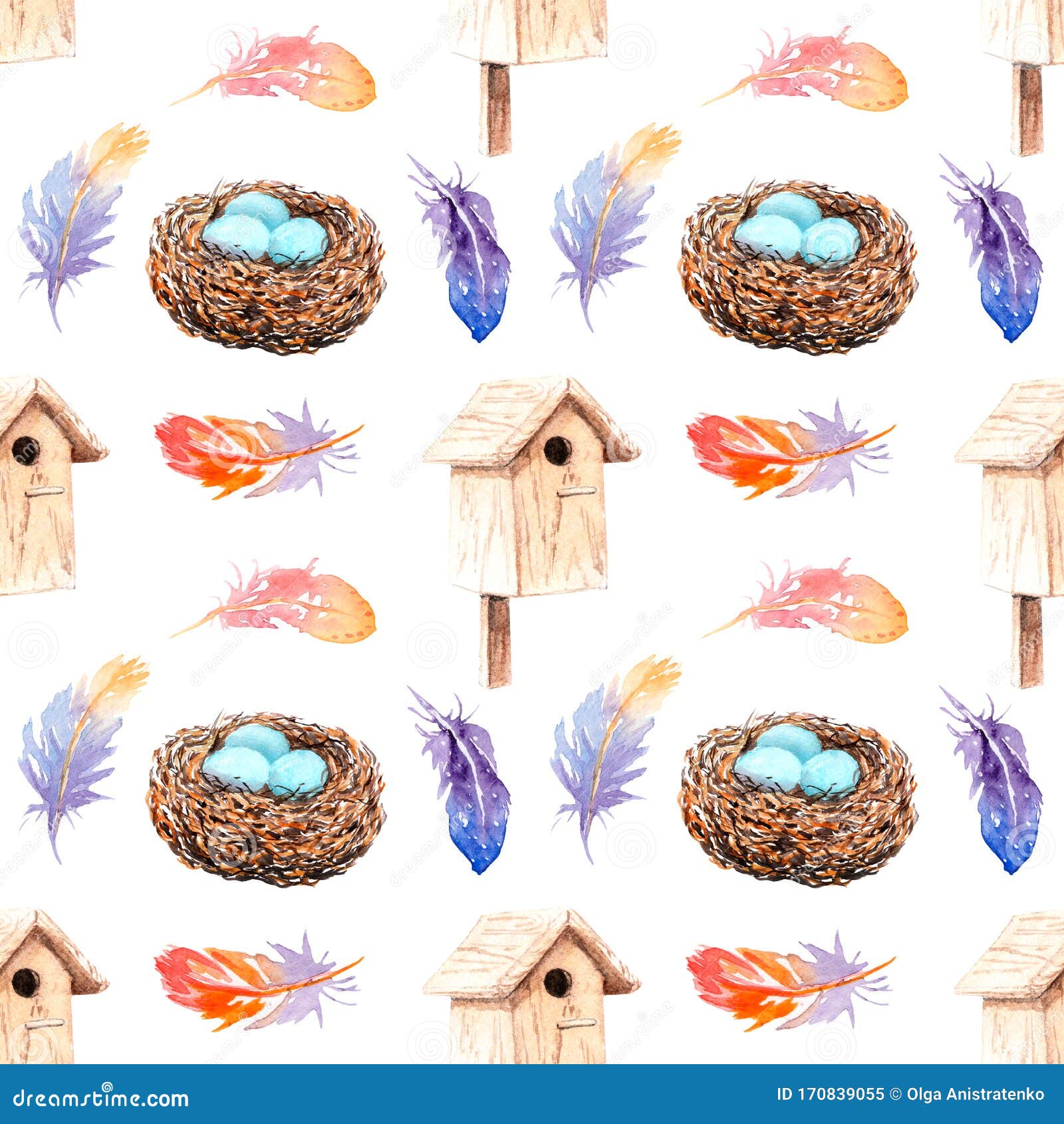 Watercolor Seamless Pattern - Spring, Birds, Chicks Nest Stock ...