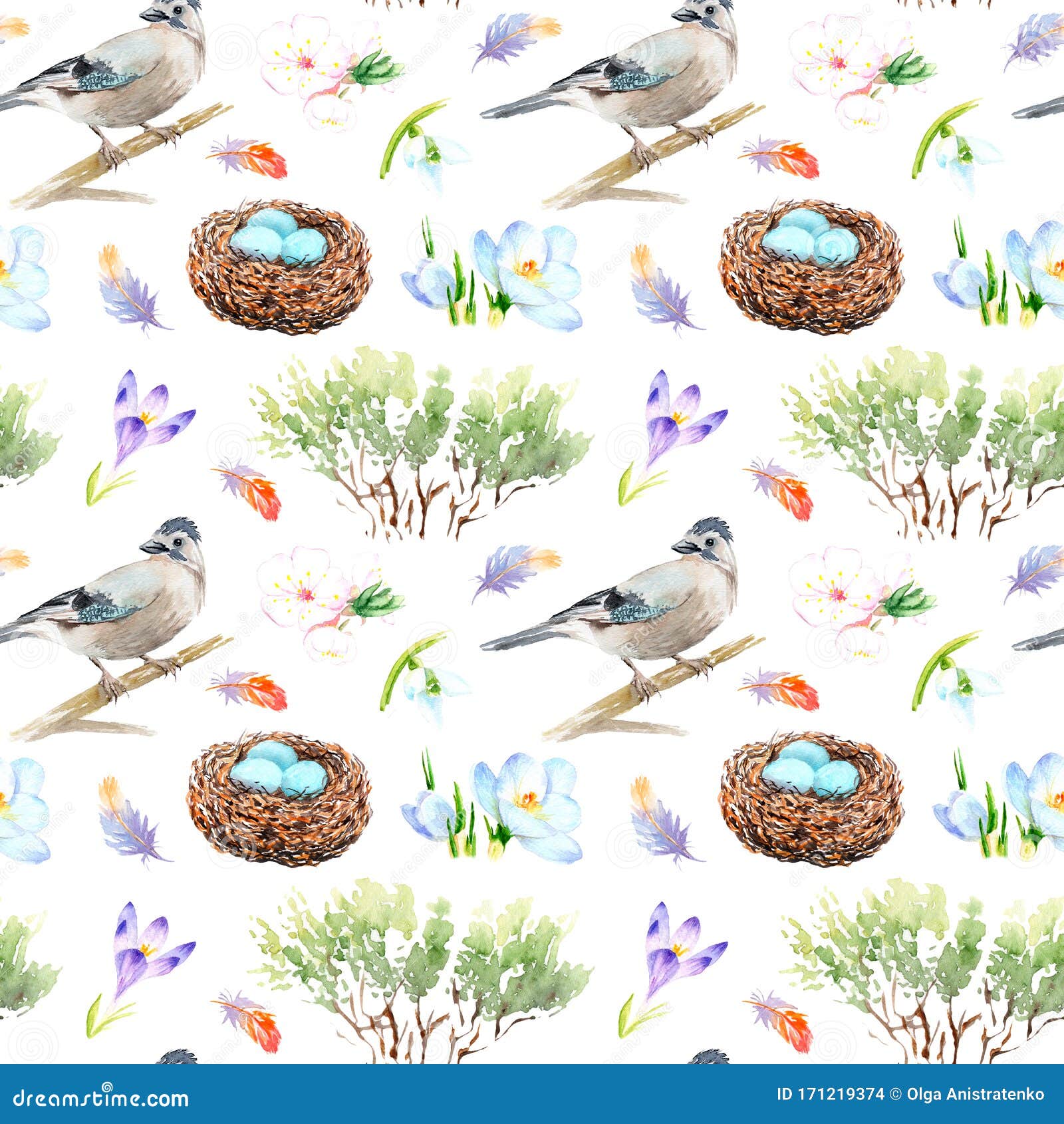 Watercolor Seamless Pattern - Spring, Birds, Chicks Nest Stock Photo ...