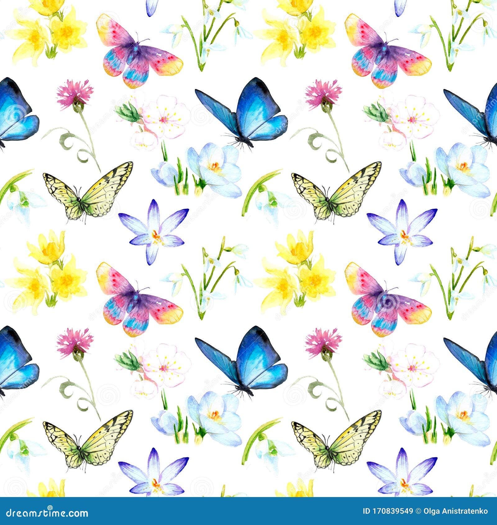 Watercolor Seamless Pattern - Spring Flowers, First, Butterfly Stock ...
