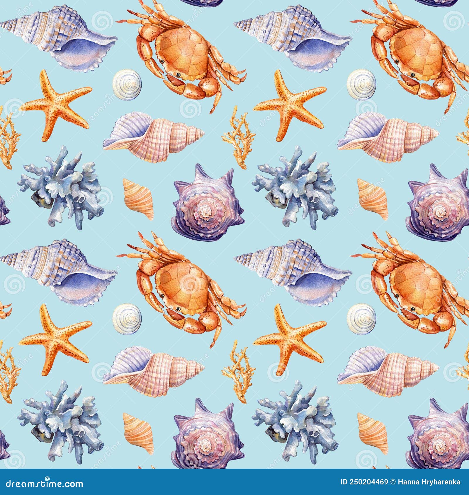 Watercolor Seamless Pattern with Starfish, Crab, Shells. Blue ...