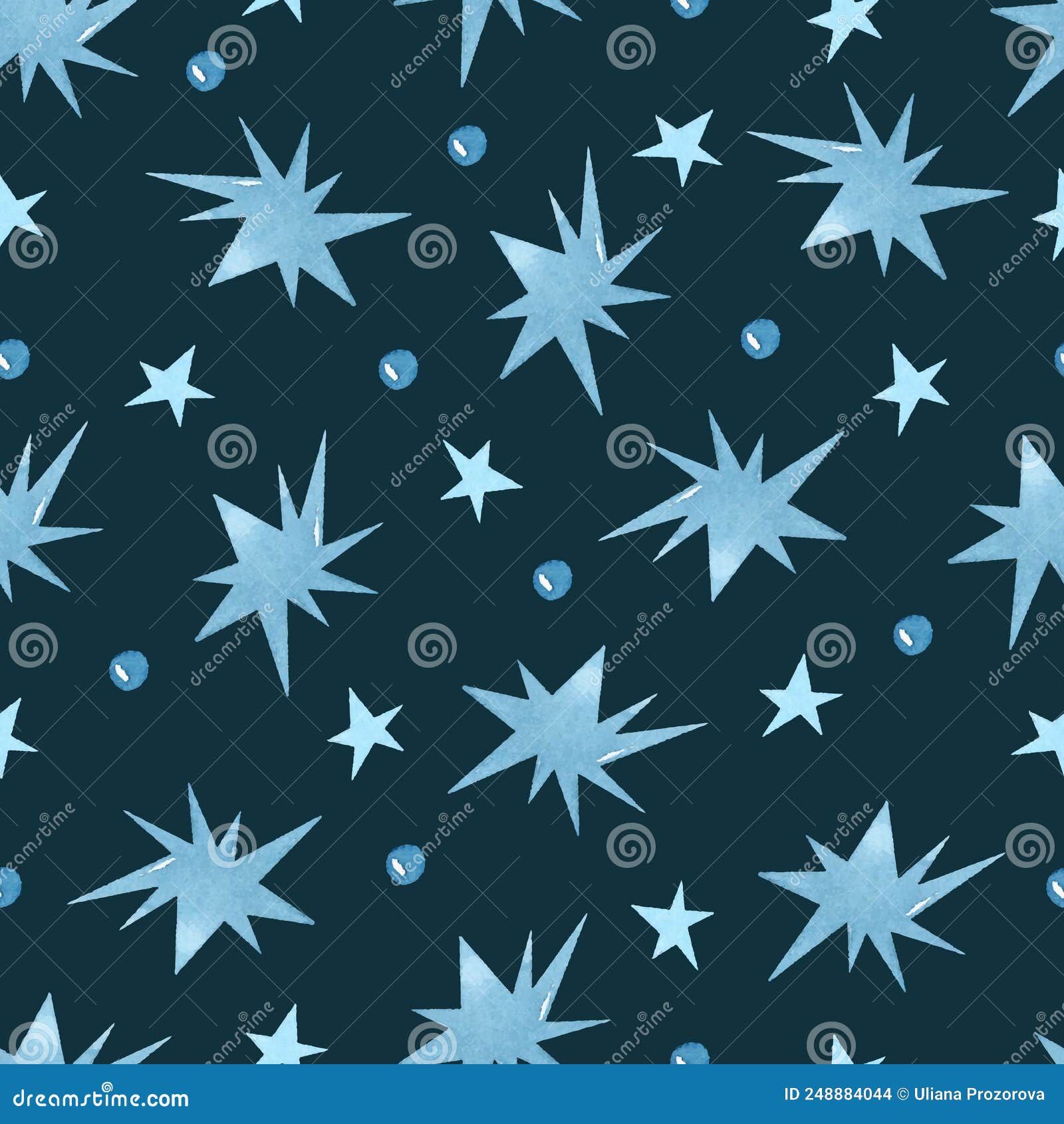 Blue Stars and Dots Watercolor Seamless Pattern on Dark Background ...