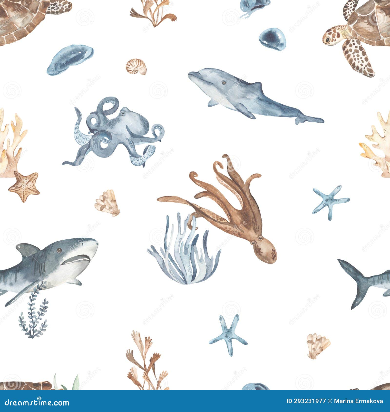 Watercolor Seamless Pattern with Underwater Creatures, Dolphin, Shark ...