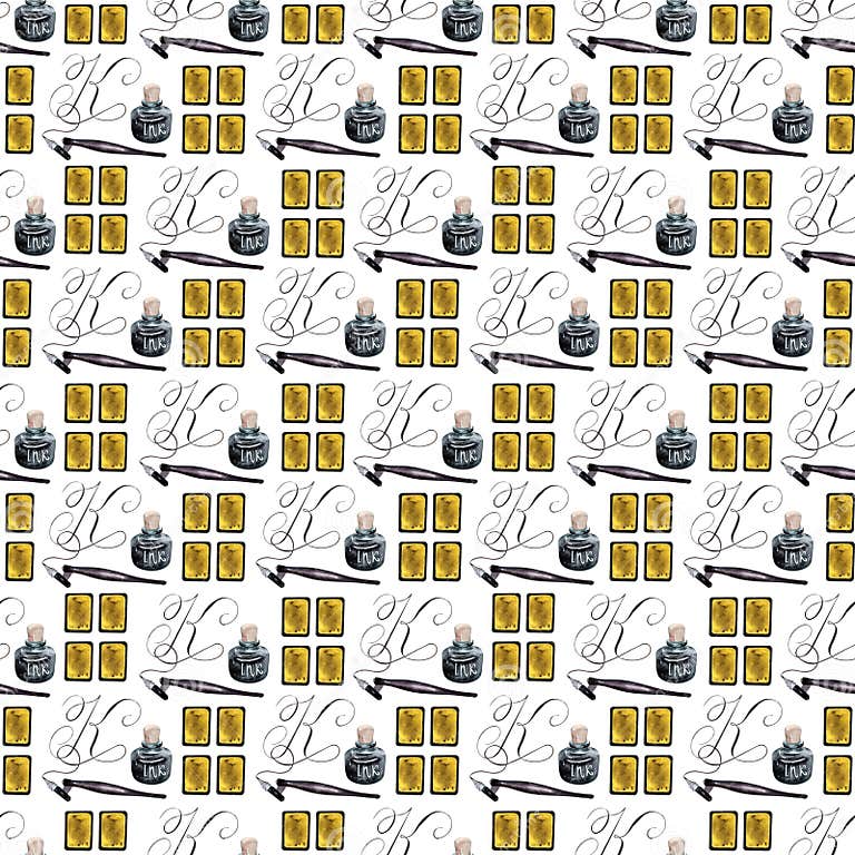 Watercolor Seamless Pattern with Various Objects of Calligraphy Stock ...