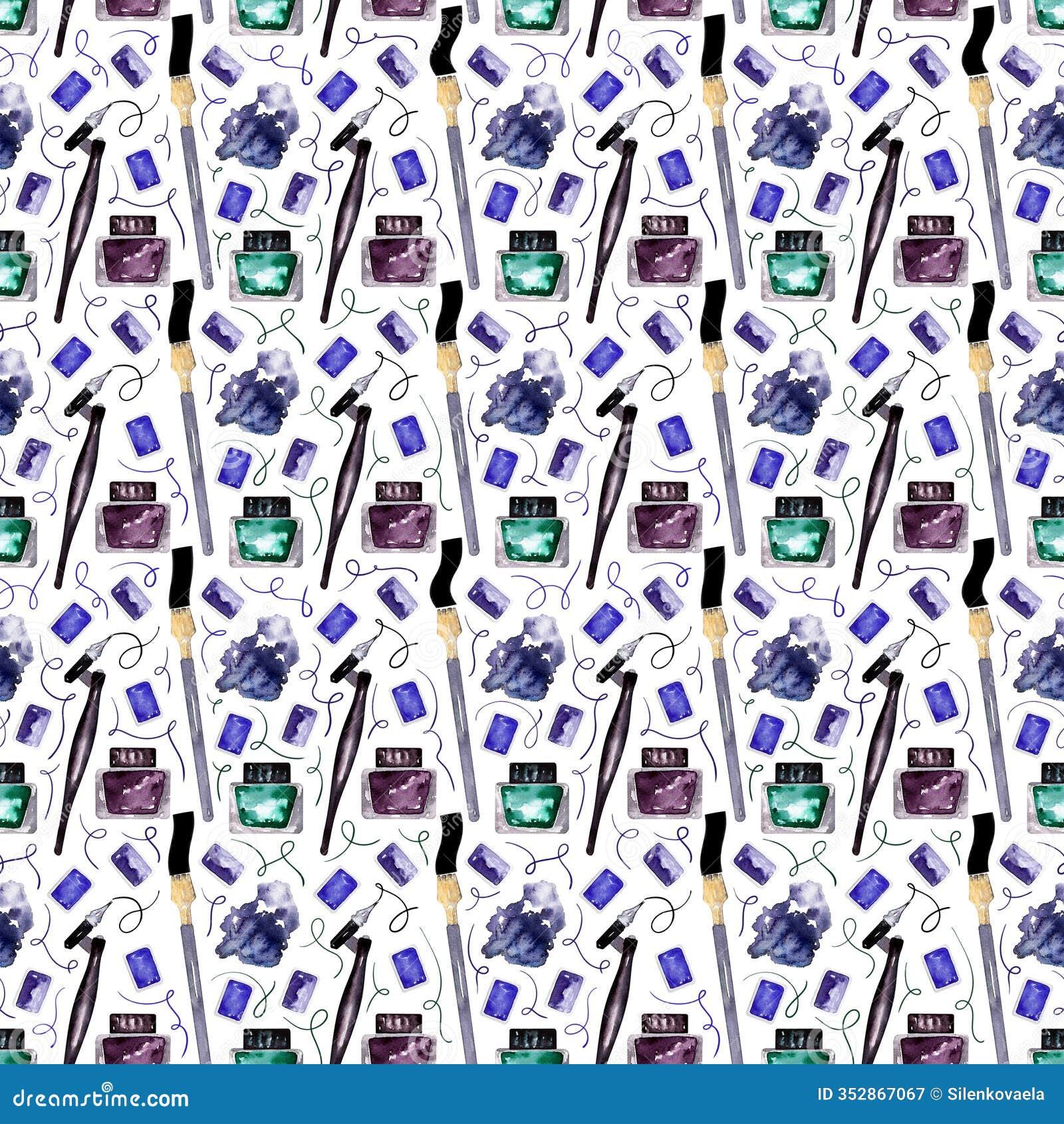 Watercolor Seamless Pattern with Various Objects of Calligraphy Stock ...