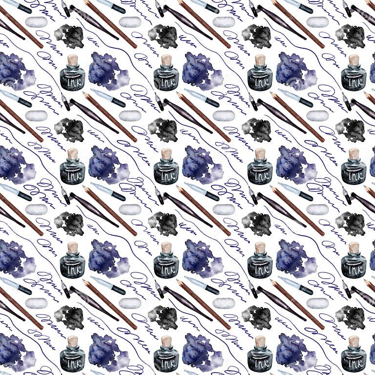 Watercolor Seamless Pattern with Various Objects of Calligraphy Stock ...
