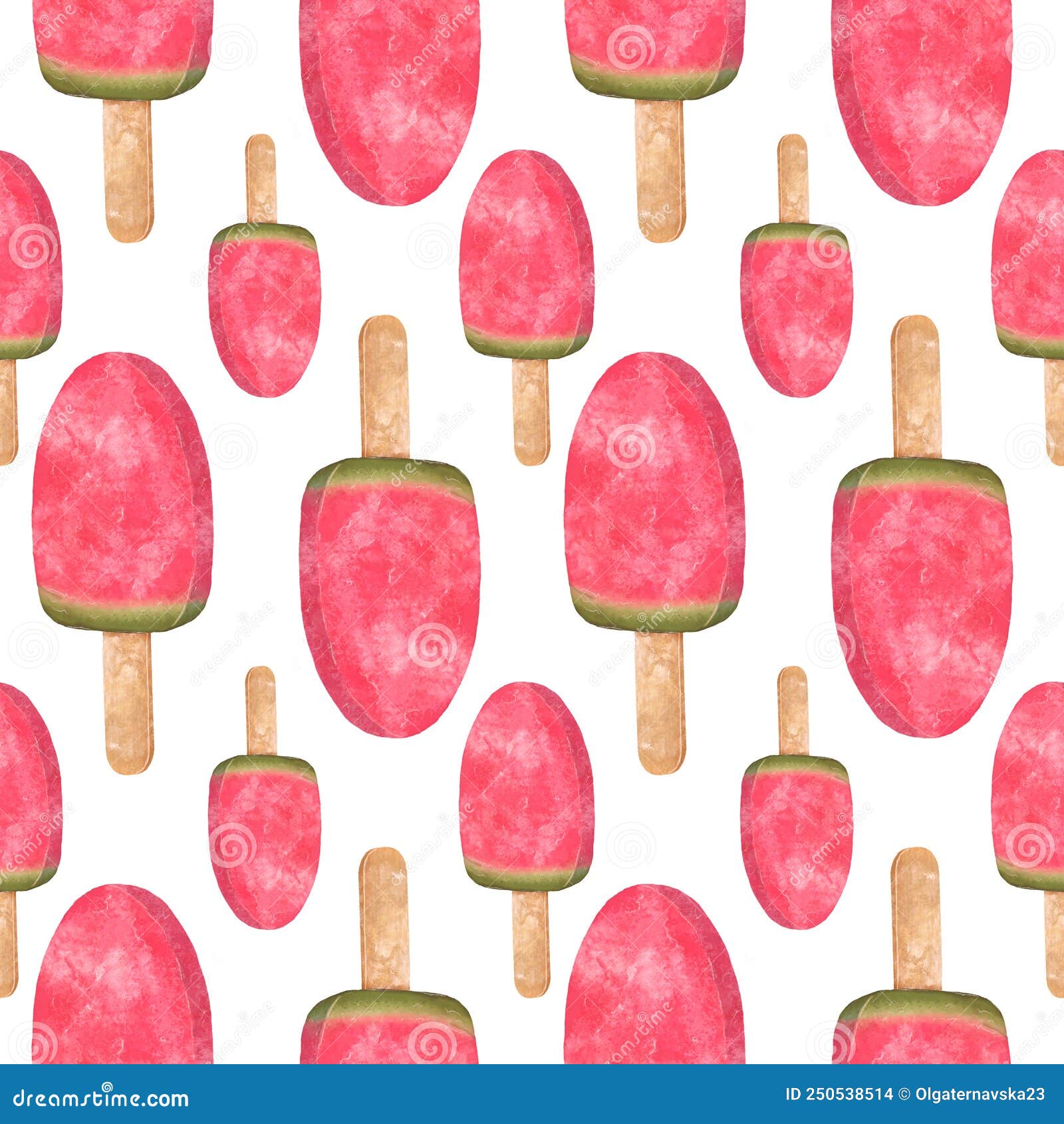 Watercolor Seamless Pattern with Watermelon Ice Cream. Watermelon Ice ...