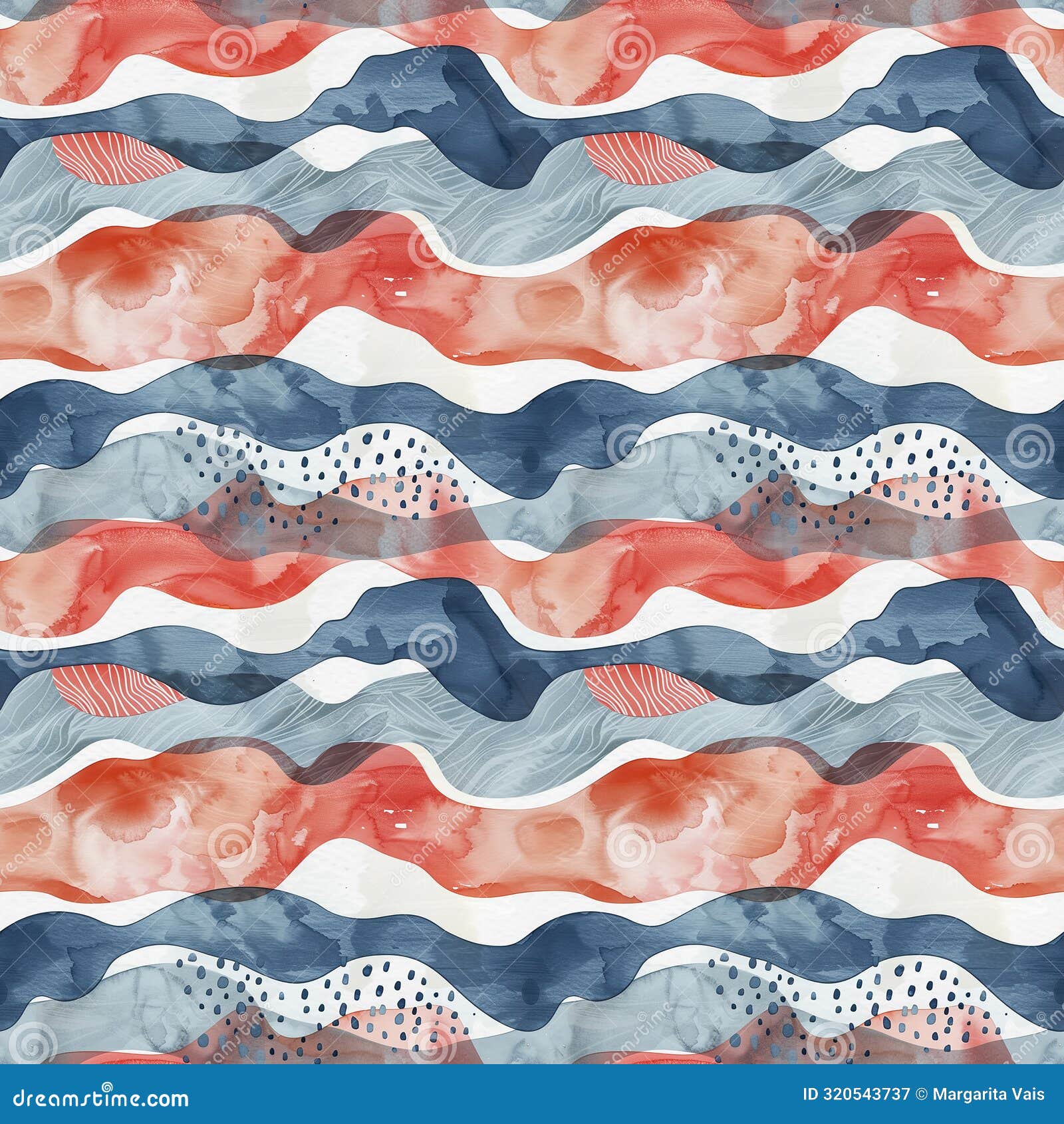 Watercolor Seamless Pattern of a Wave with Red, Blue, and White Colors ...