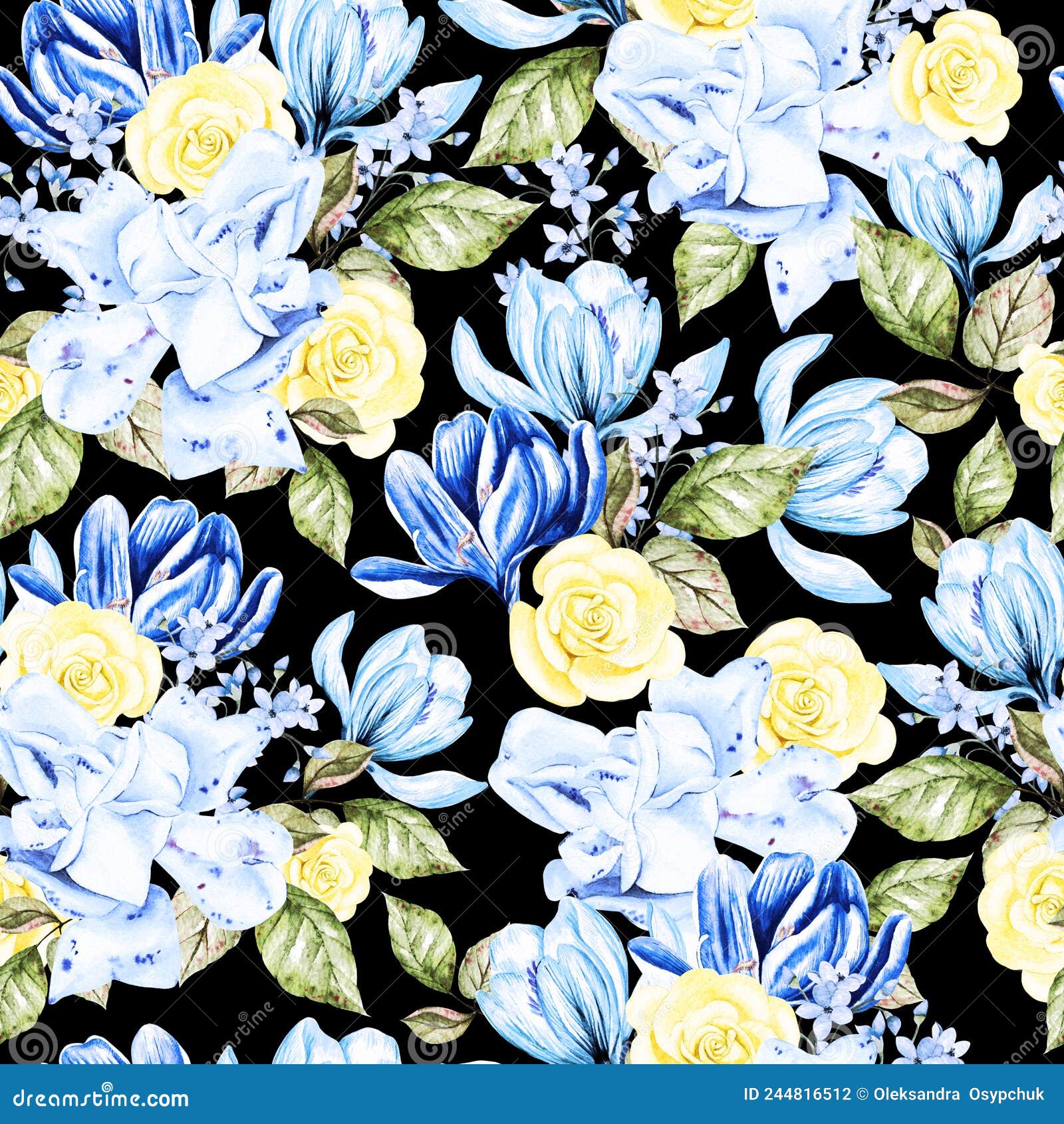 Watercolor Seamless Pattern with Yellow and Blue Flowers Stock ...
