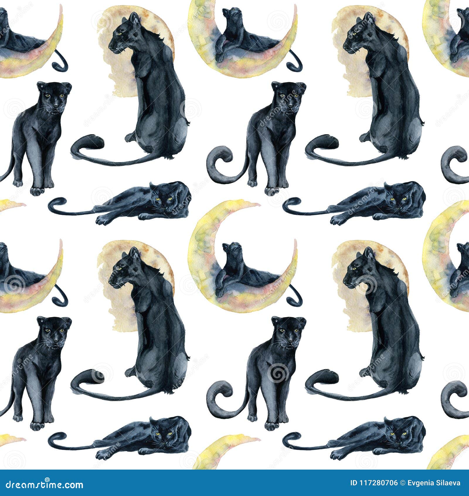Watercolor Seamless Patterns with Moons and Panthers Stock Illustration ...