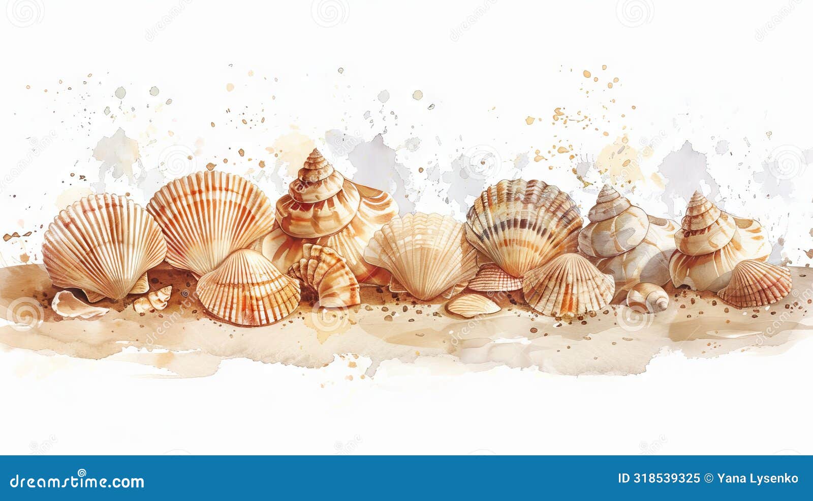 Watercolor Seashell Collection on Abstract Splatter Background Stock ...
