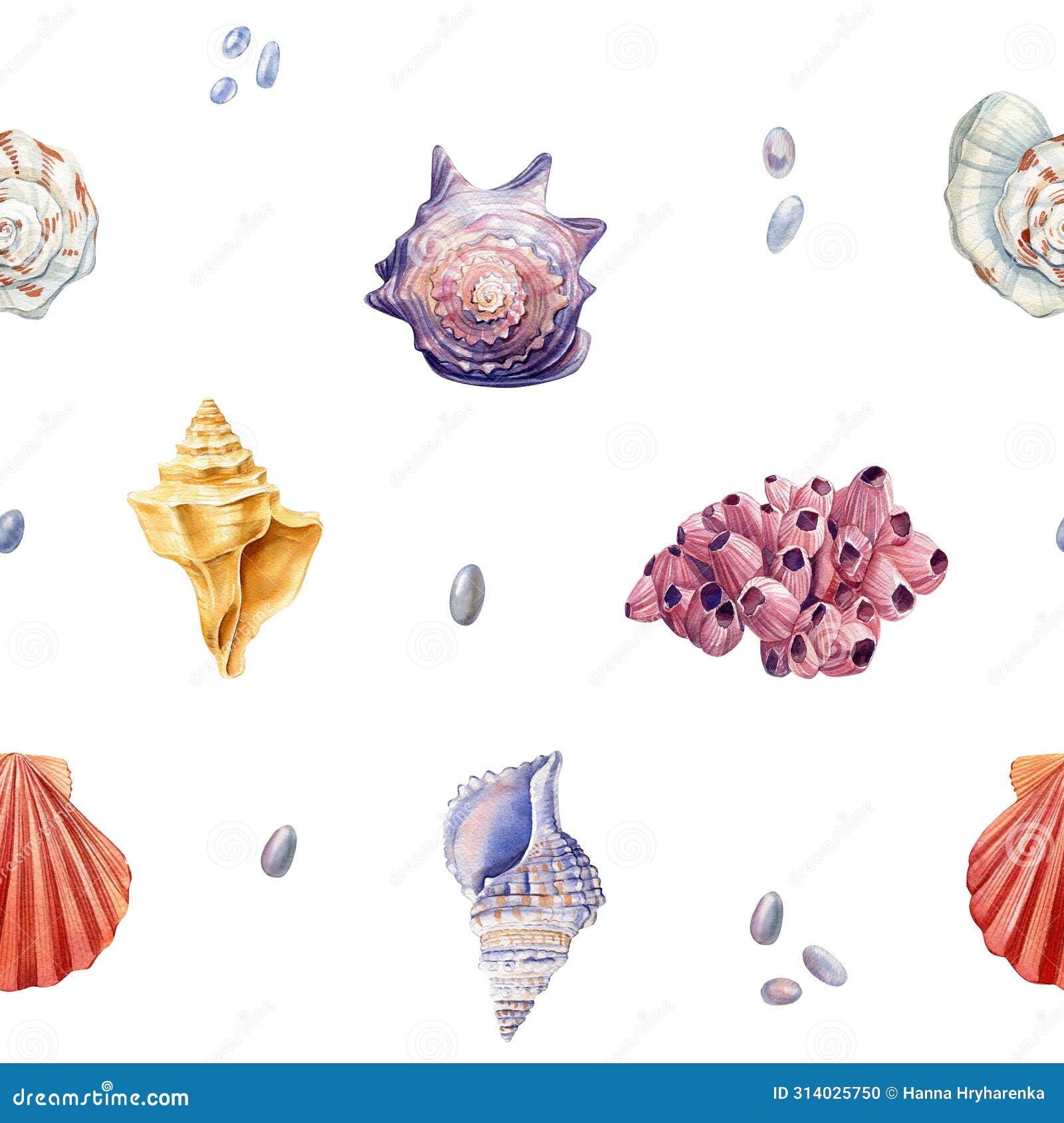 Watercolor Seashell Seamless Pattern. Underwater Creatures, Seashell ...