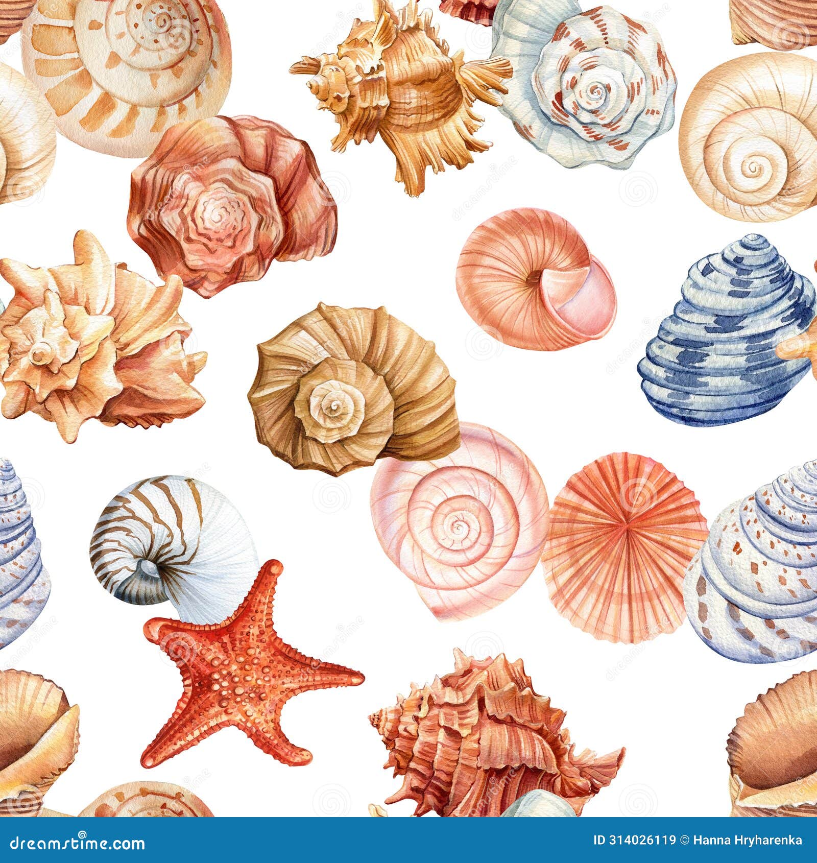 Watercolor Seashell Seamless Pattern. Underwater Creatures, Seashell ...