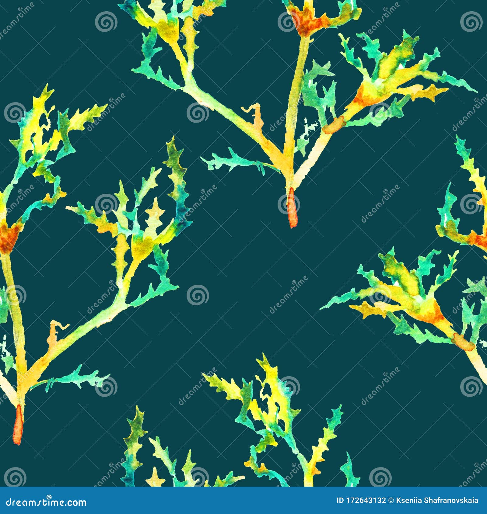 Watercolor Seaweed, Seamless Pattern Stock Illustration - Illustration ...