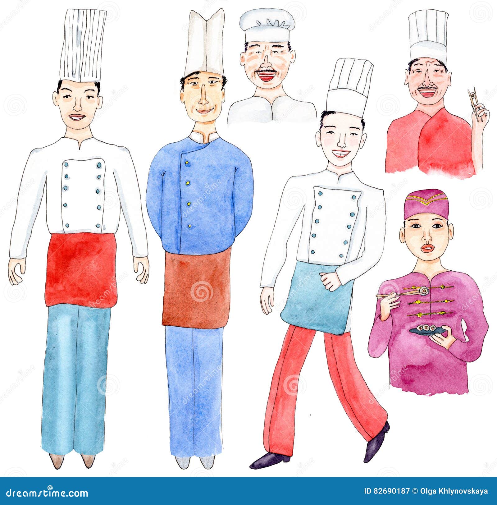Watercolor Set of Asian Chefs on White Background Stock Illustration ...