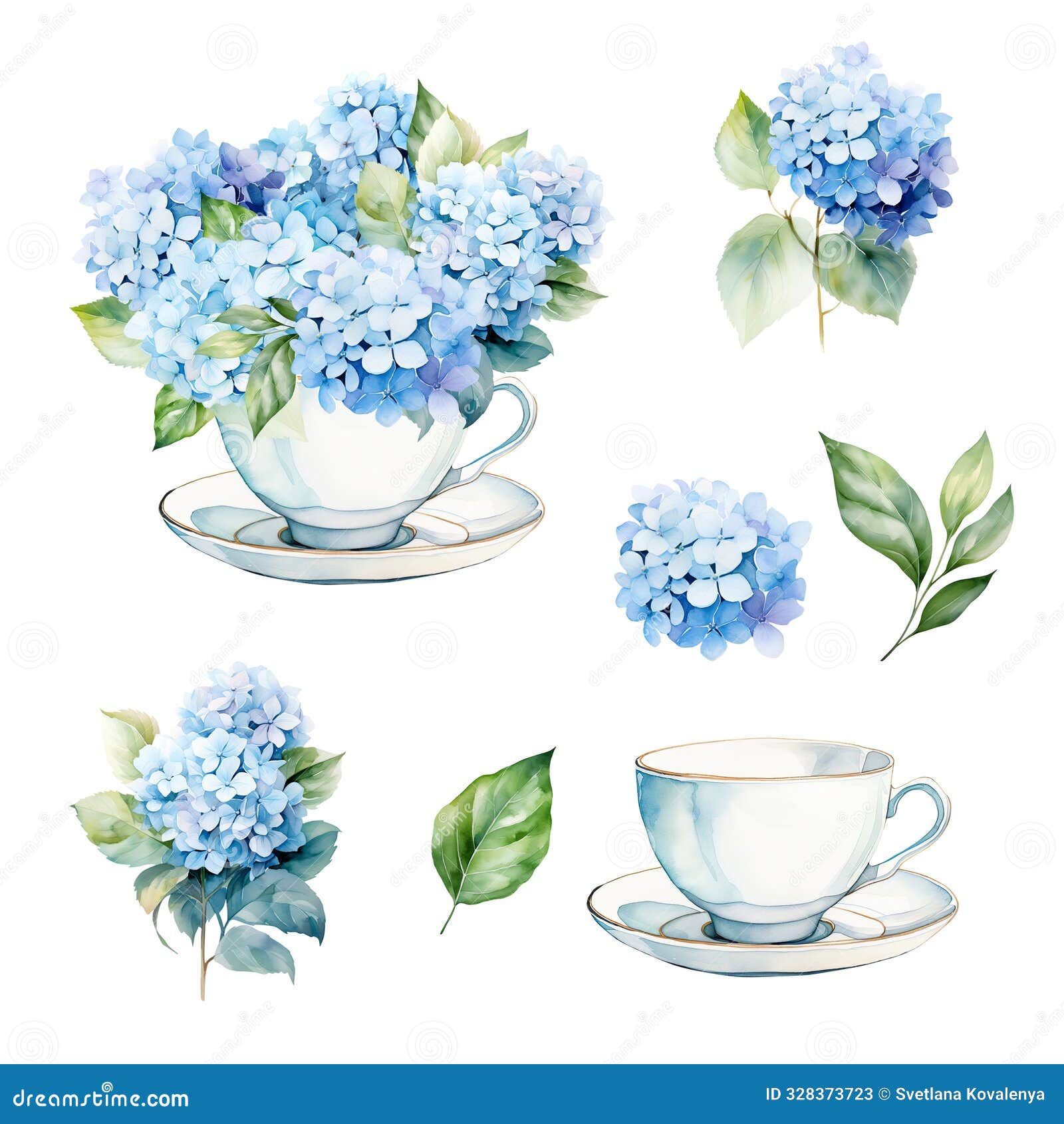 Watercolor Set of Blue Hydrangea with Tea Cup Stock Illustration ...