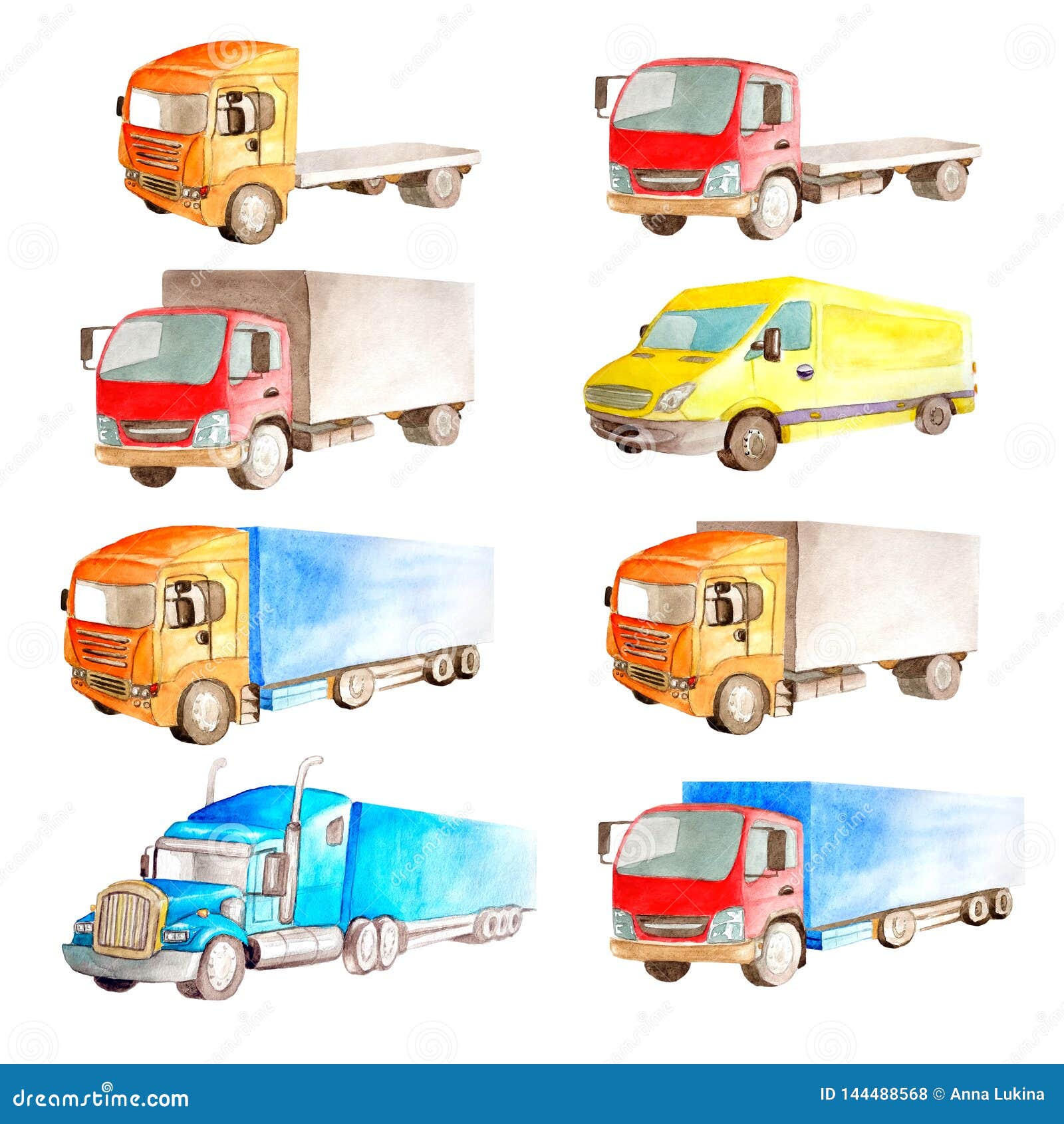 Watercolor Set Collection of Vehicles Trucks, Lorries, Vans in ...