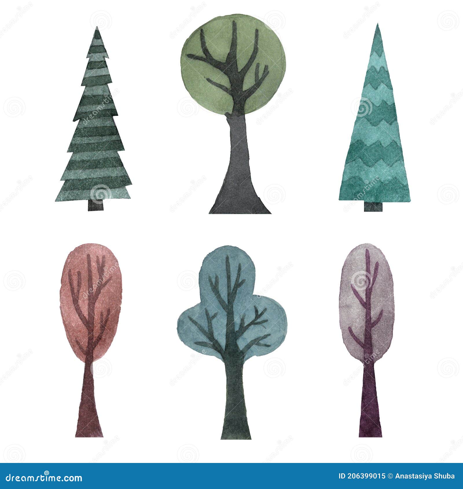 Watercolor Set of Cute Multicolored Stylized Trees Isolated on White ...