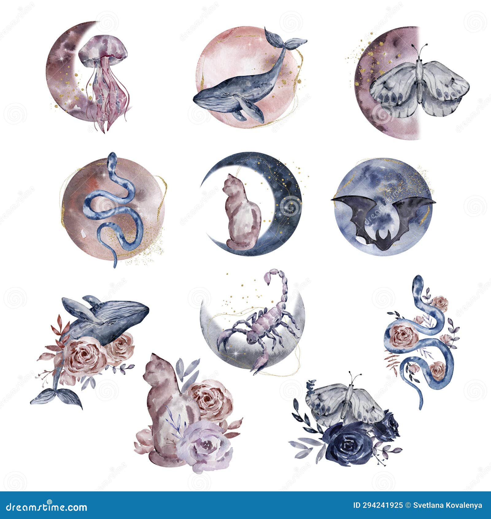 Watercolor Set Fantastic Moon Animals Stock Image - Image of star ...