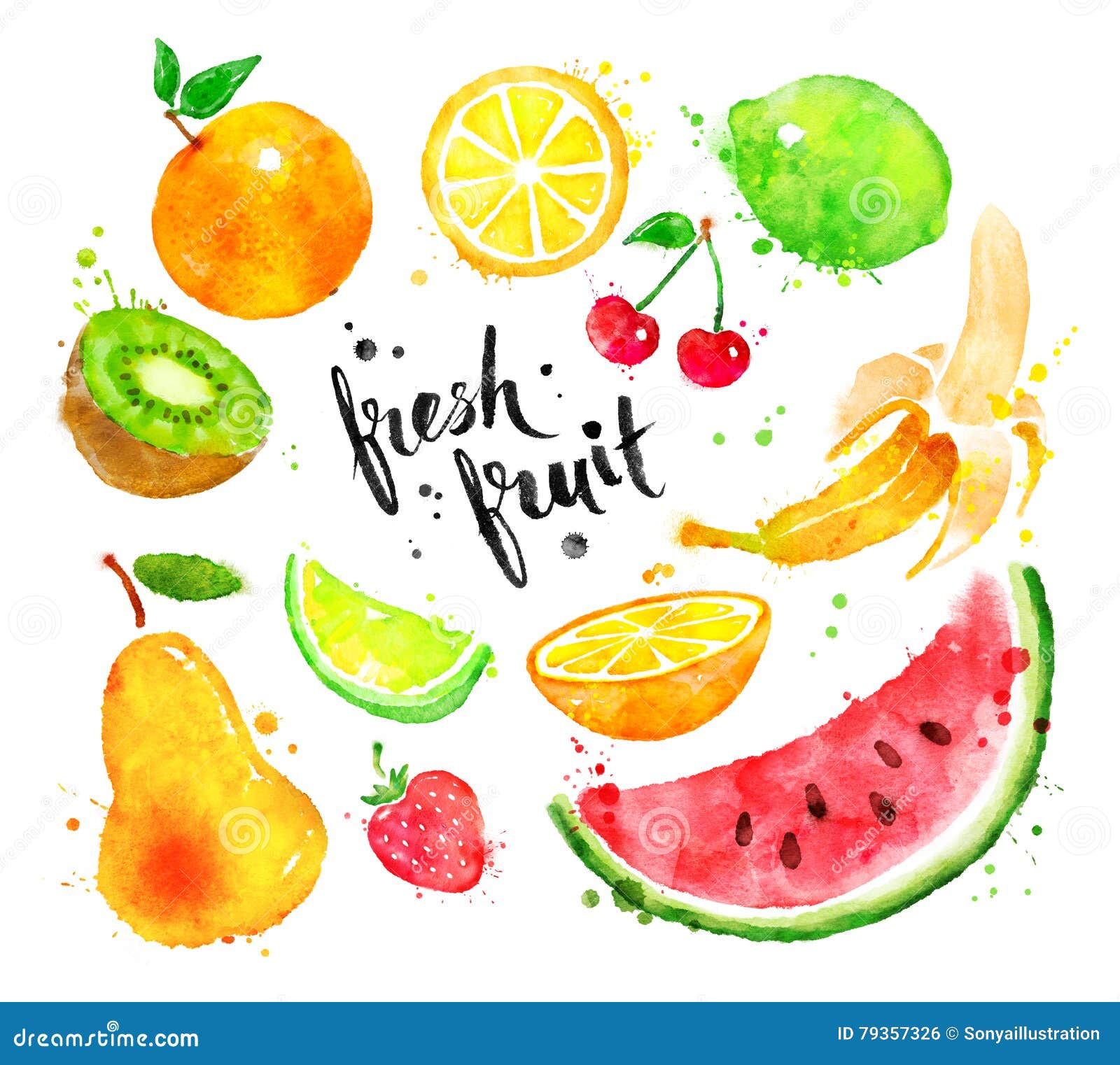 Watercolor set of fruit stock illustration. Illustration of aquarelle ...