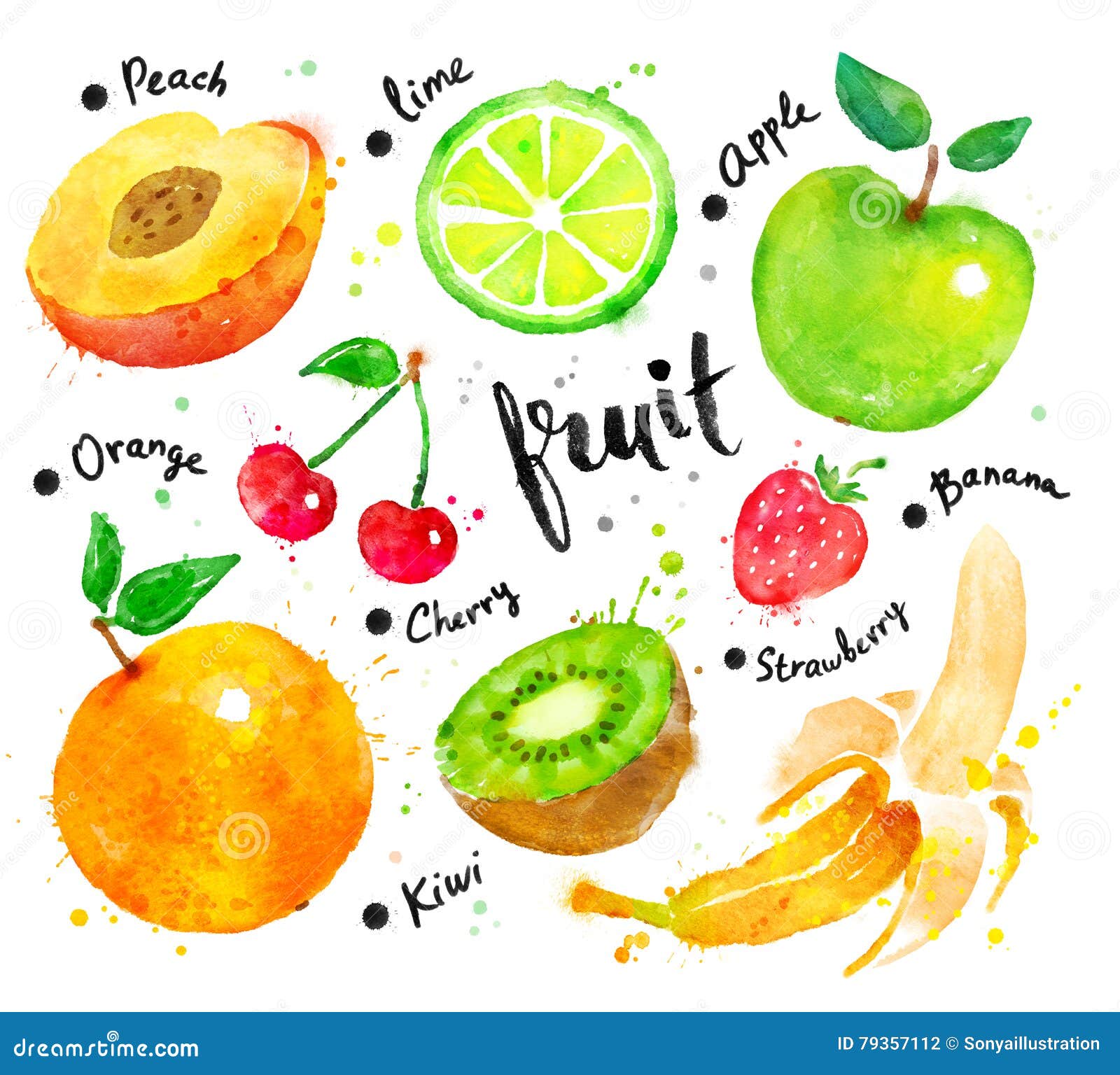 Watercolor Set of Fruit with Lettering Stock Illustration ...