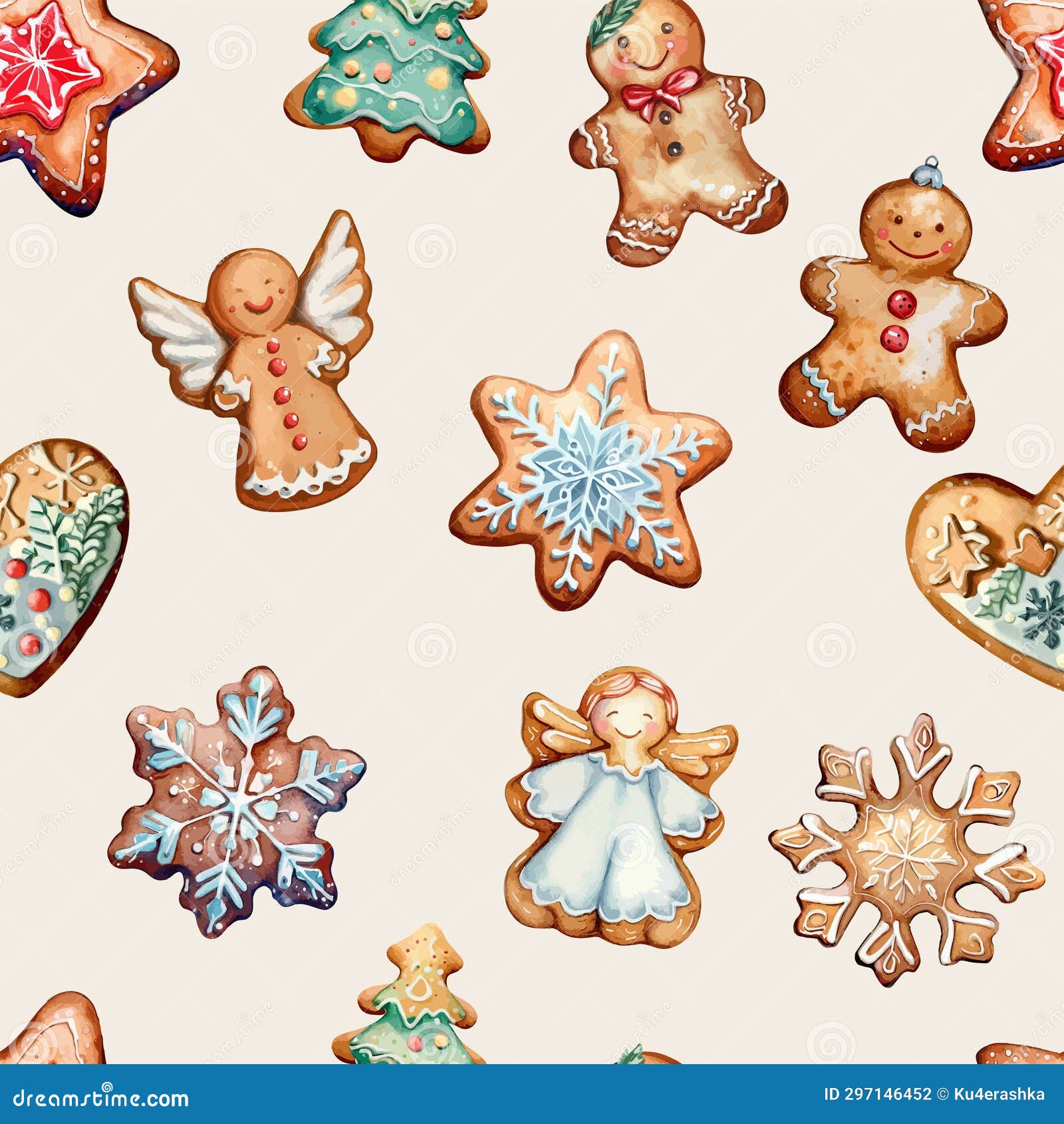 Watercolor Set of Ginger Christmas Gingerbread Seamless Pattern. Stock ...