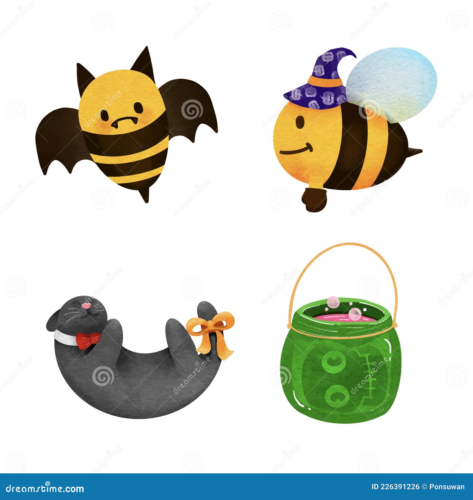 Watercolor Set for Hand-drawn Bee of for Halloween .illustration Vector ...