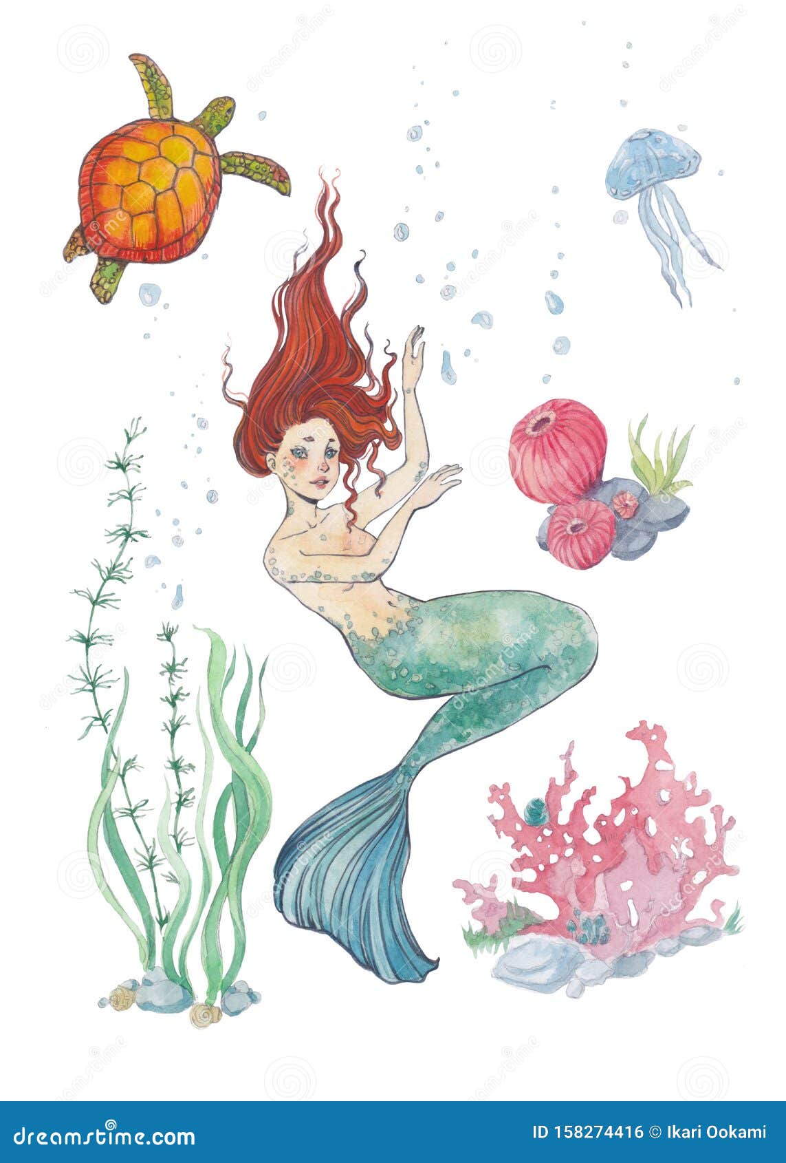MERMAID ON TURTLE Underwater Princess Vector Illustration Set Stock ...