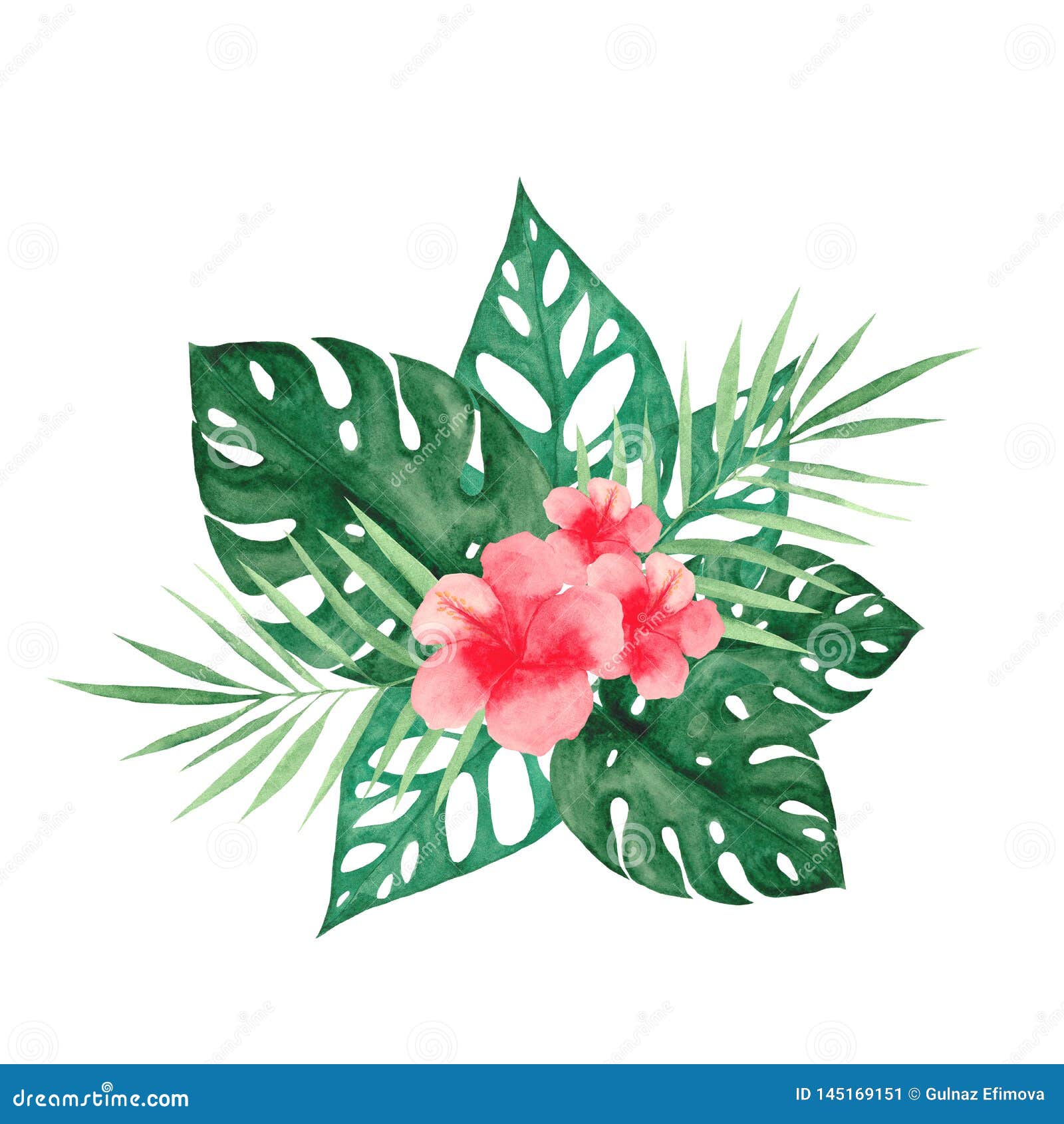 Watercolor Set with Tropical Leaves and Flowers. Stock Illustration ... Watercolor Set with Tropical Leaves and Flowers. Stock Illustration ...