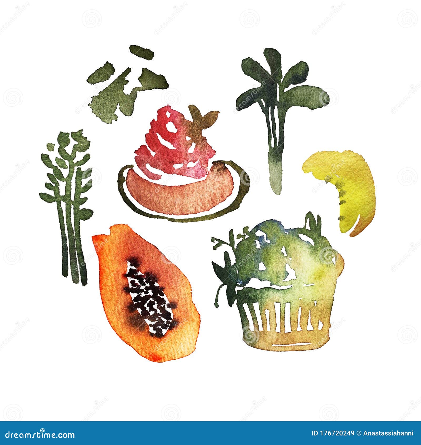Watercolor Set of Vegetables and Healthy Food Elements. Stock ...