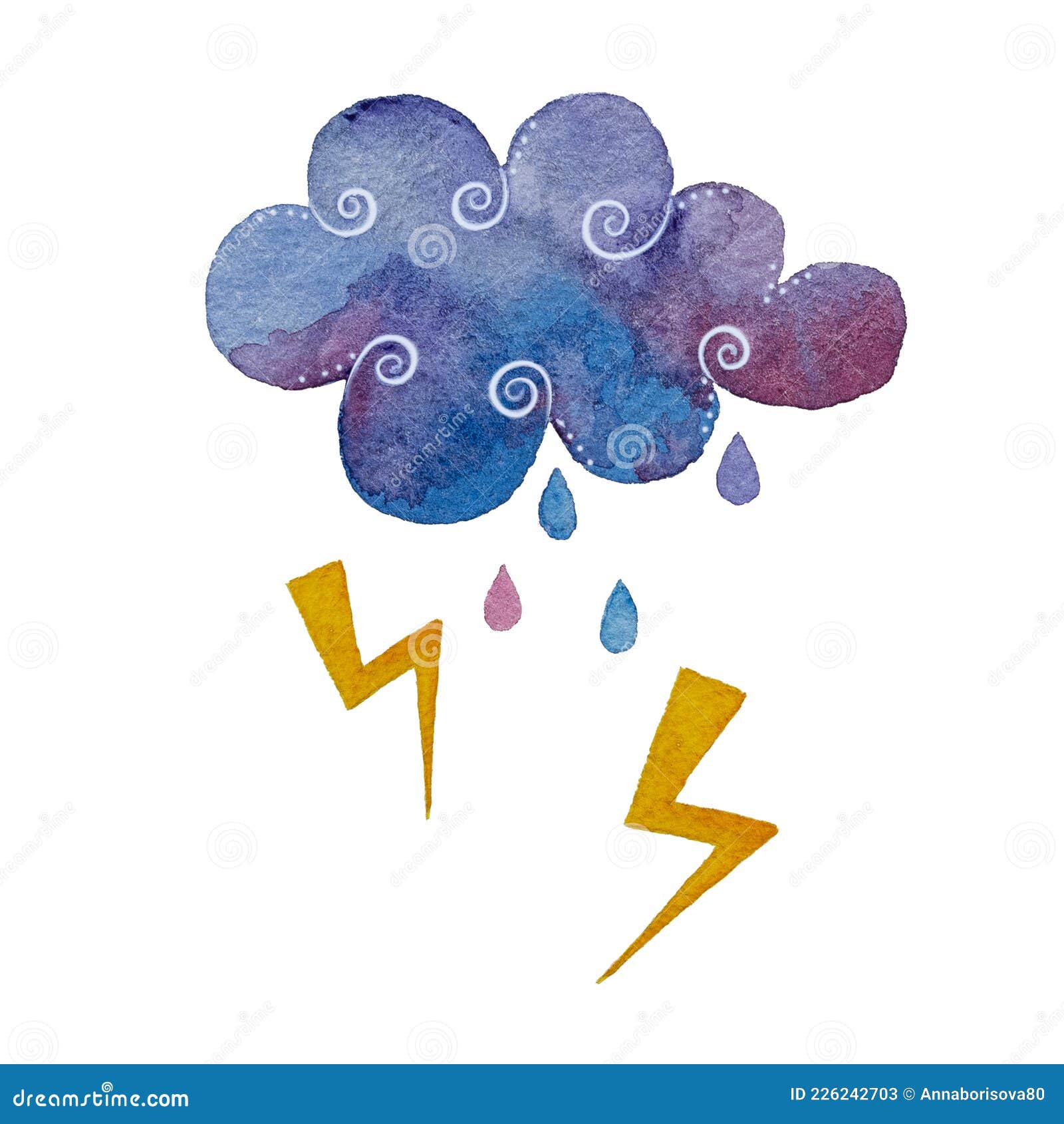 Watercolor Set Weather Rain Elements. a Cloud with Lightning. Stock ...