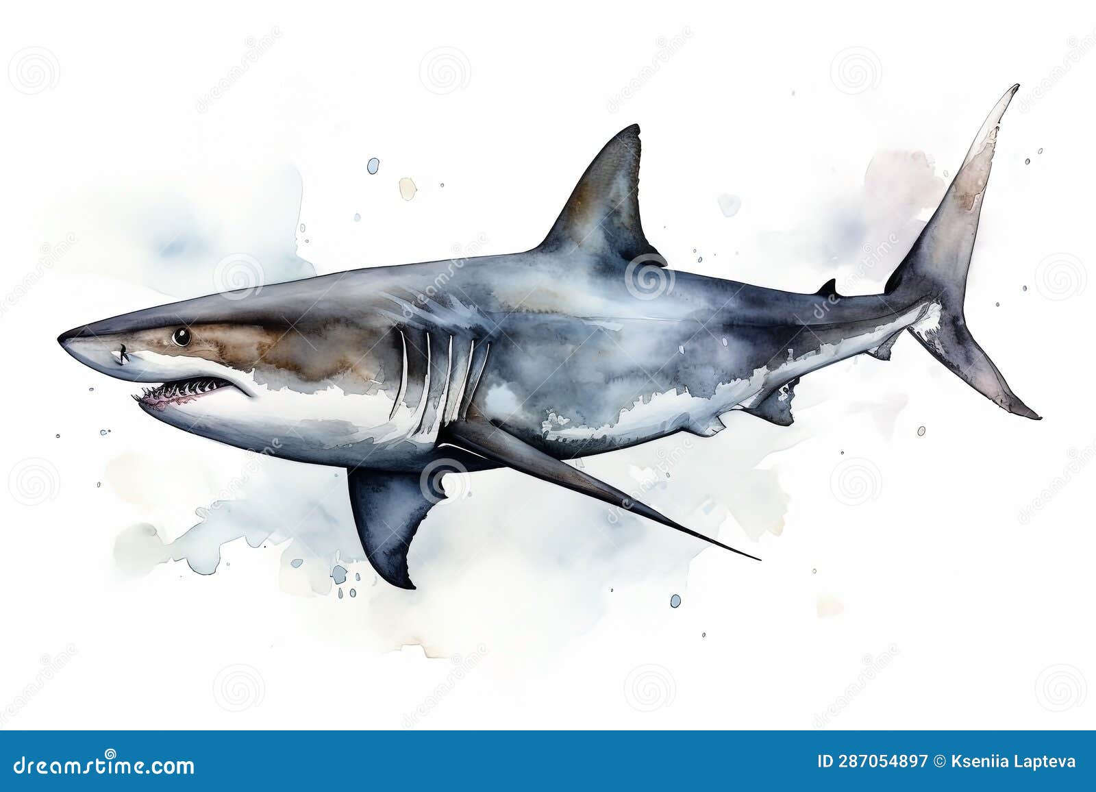 Watercolor Shark Isolated On White Background. Hand Drawn Realistic ...