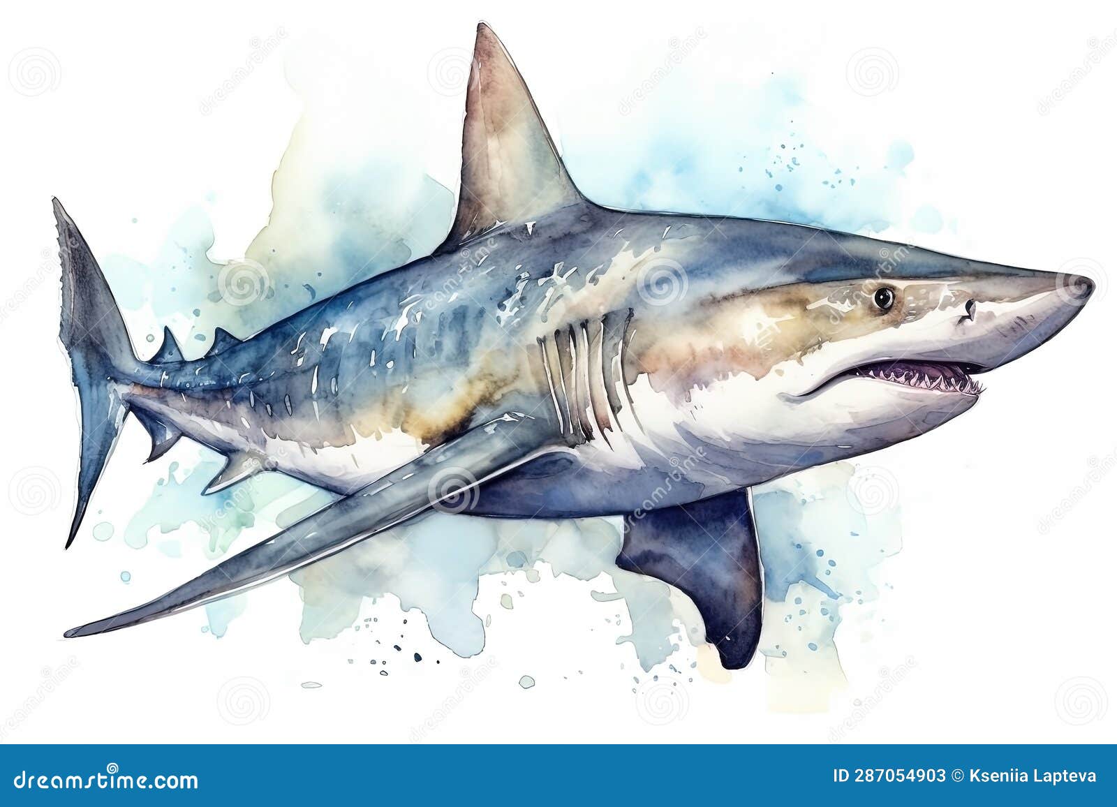 Watercolor Shark Hand Drawn Illustration, On Ocean Background Royalty ...