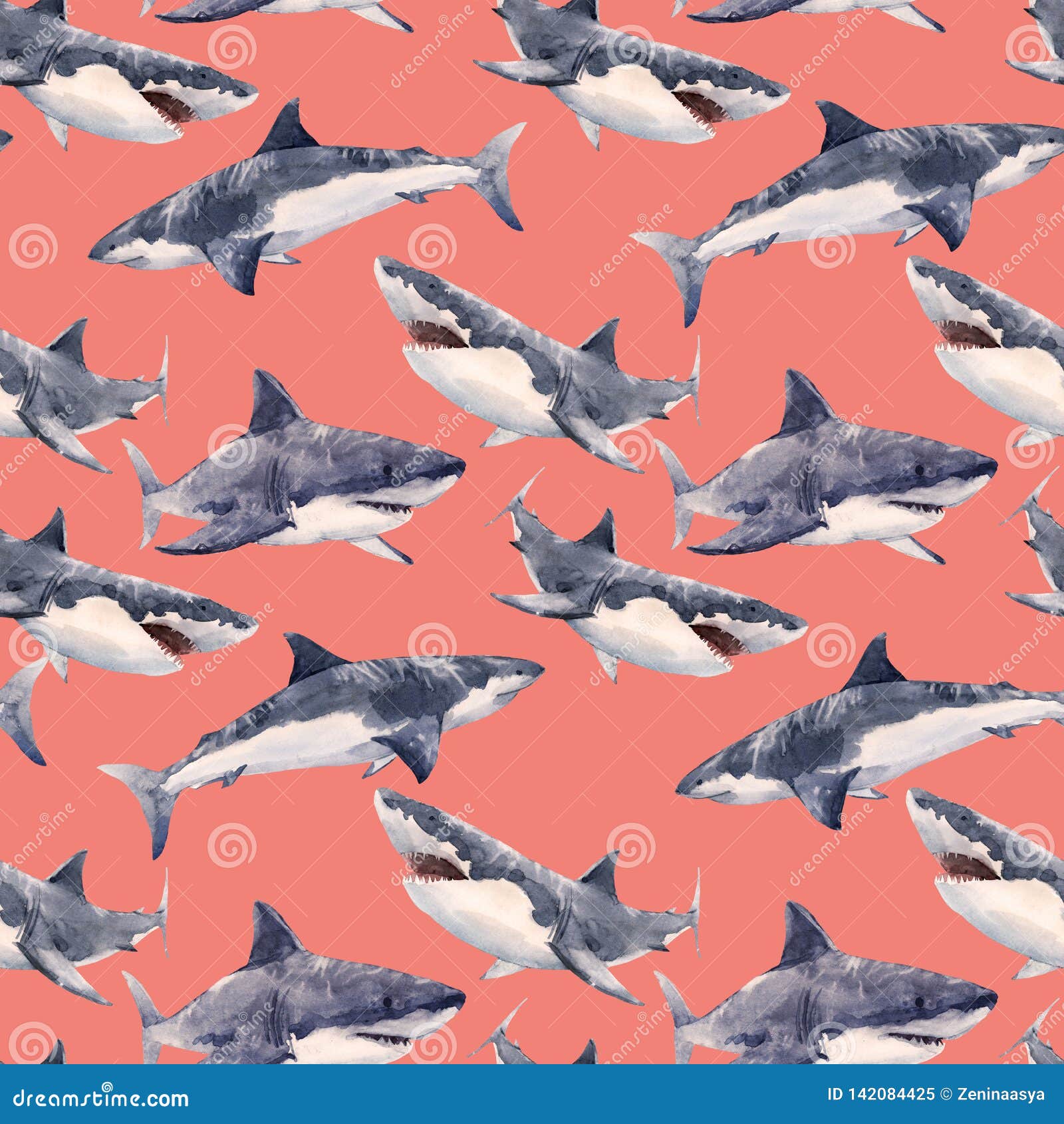 Watercolor shark pattern stock illustration. Illustration of vintage ...