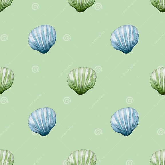 Watercolor Shell Pattern on Soft Green Fabric Ideal for Textile Designs ...