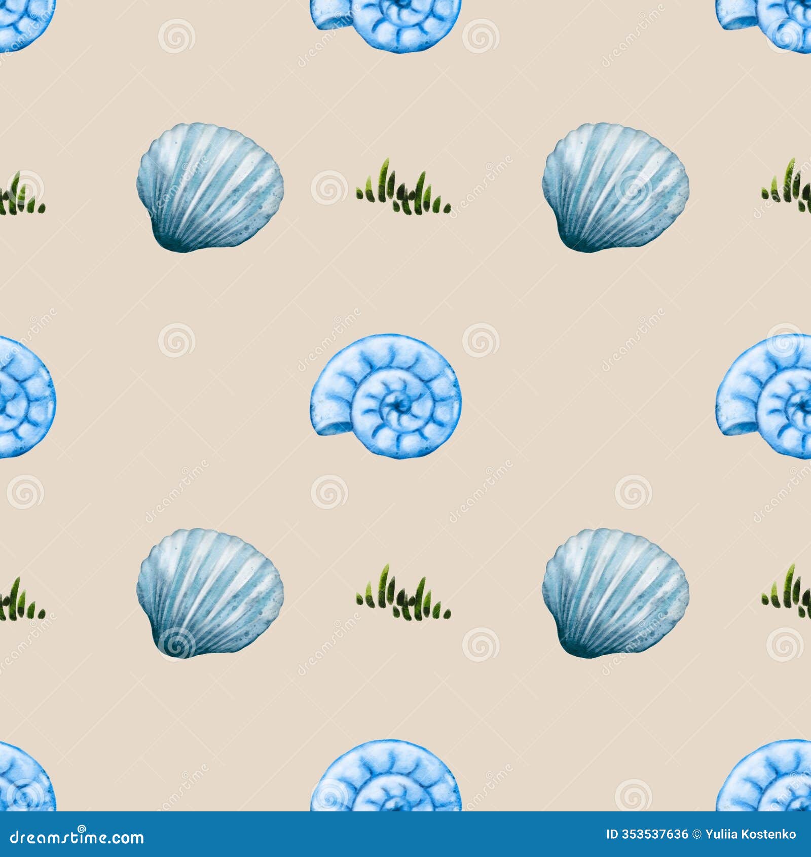 Watercolor Shell and Sea Grass Pattern for Fabric and Packaging Design ...