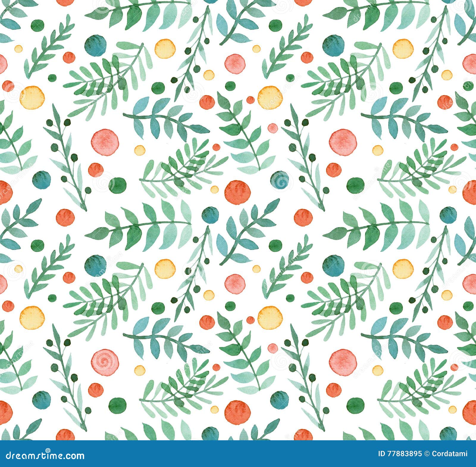 Watercolor Simple Berries, Green Leaves and Red Dots Repeat Pattern ...