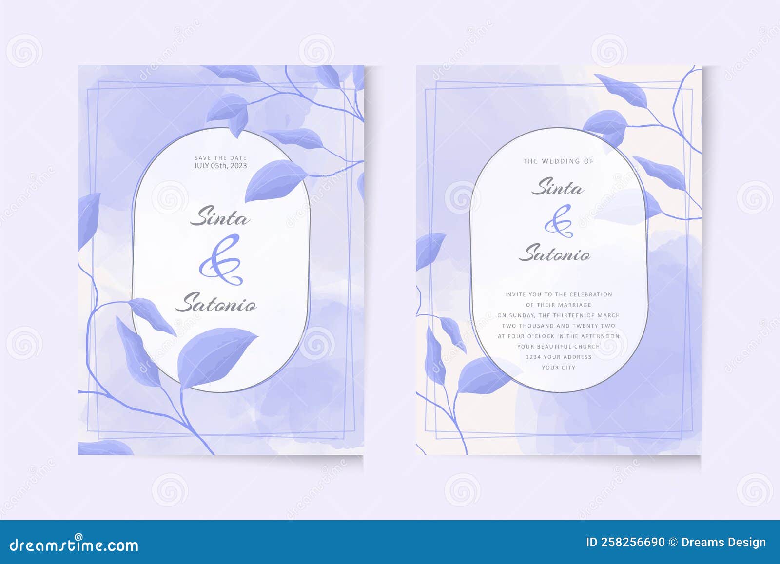 Watercolor Simple Purple Leaf Wedding Invitation Template Stock Vector ...