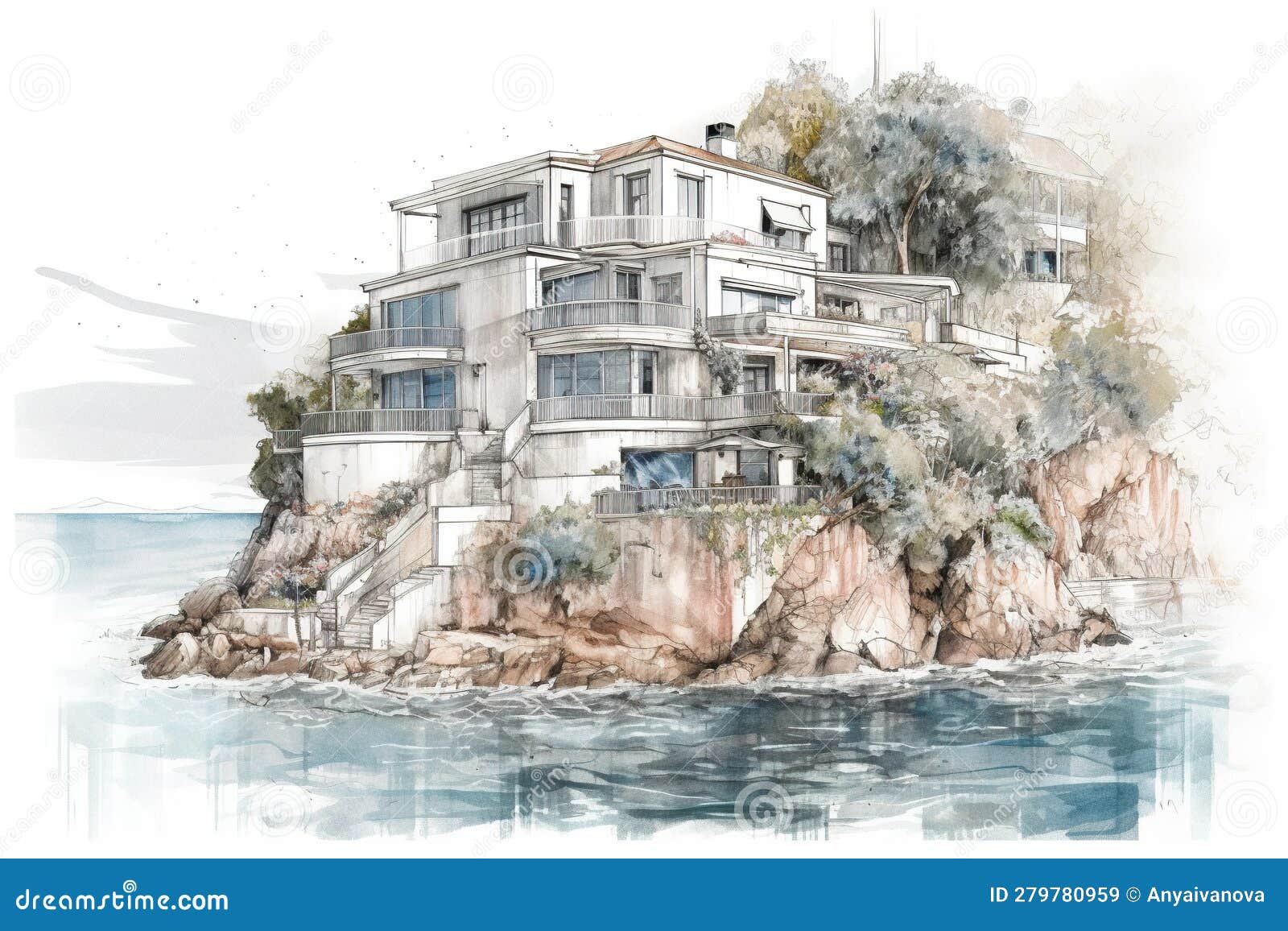 A Watercolor Sketch of a House on a Cliff. Generative AI Image. Stock ...