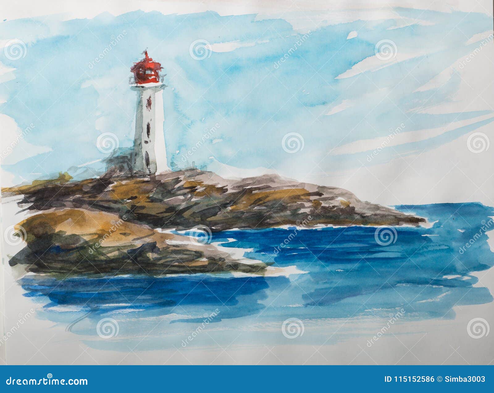 Watercolor Sketch with Lighthouse. Stock Illustration - Illustration of ...