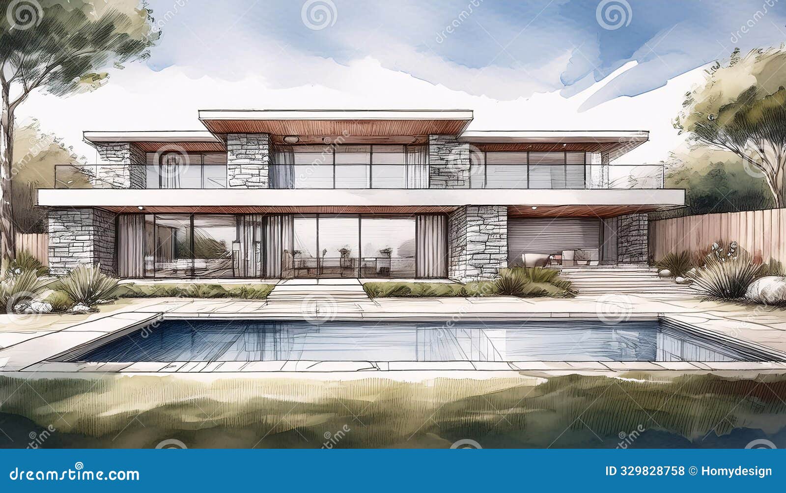 Watercolor Sketch of a Modern House with Pool Stock Illustration ...
