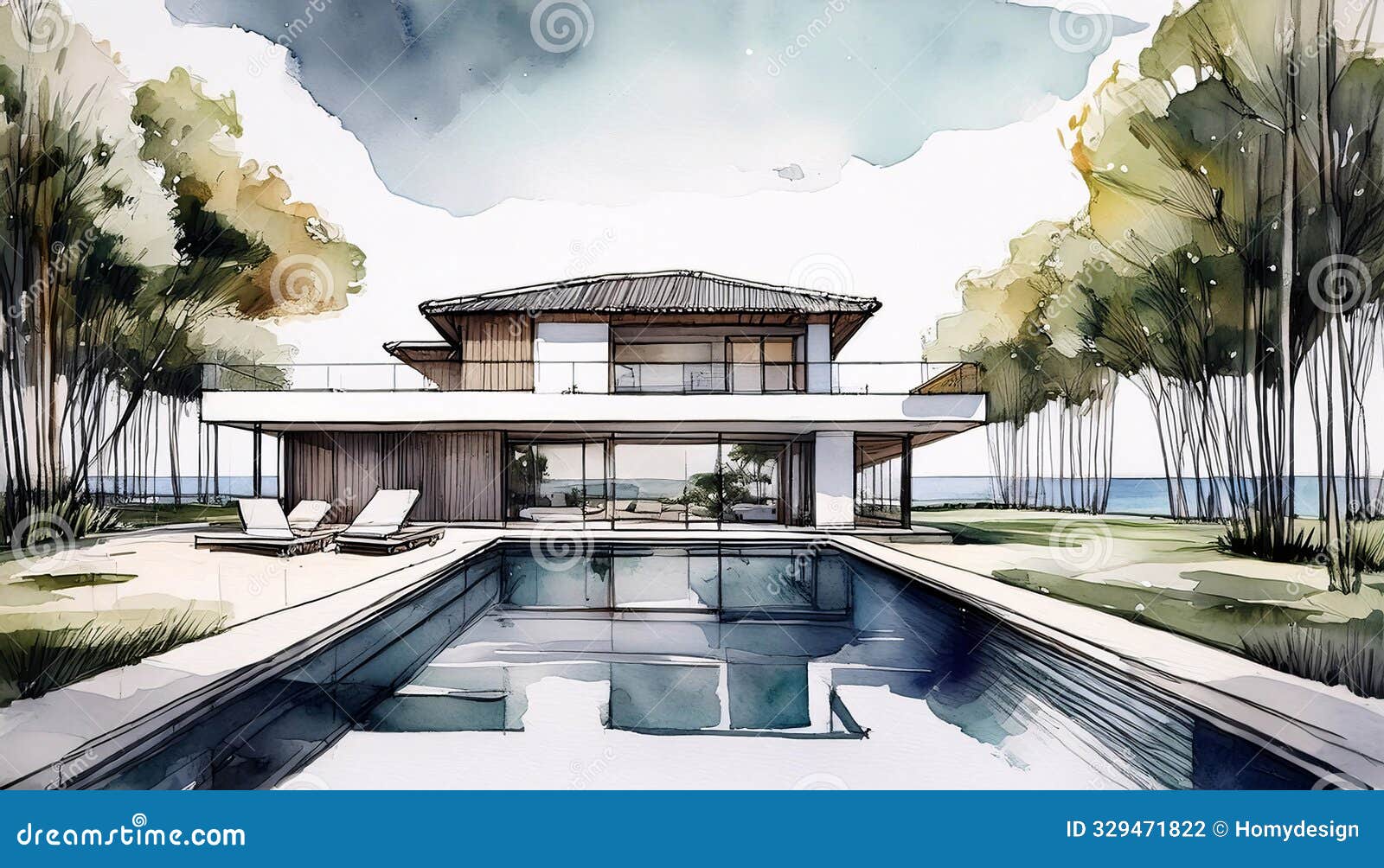 Watercolor Sketch of a Modern House with Pool and Trees Stock ...