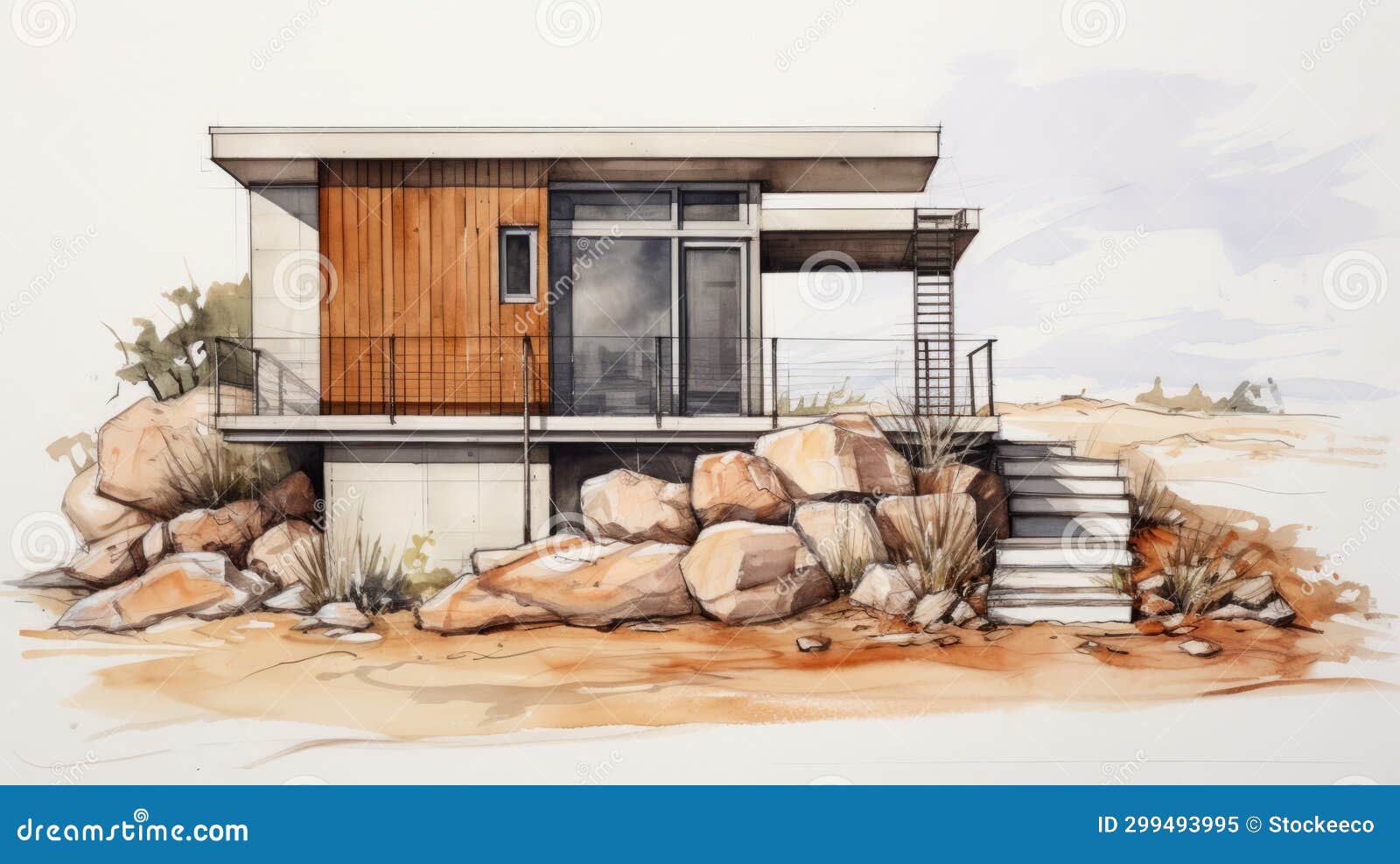 Watercolor Sketch of a Rustic Desert Home in Modular Constructivism ...