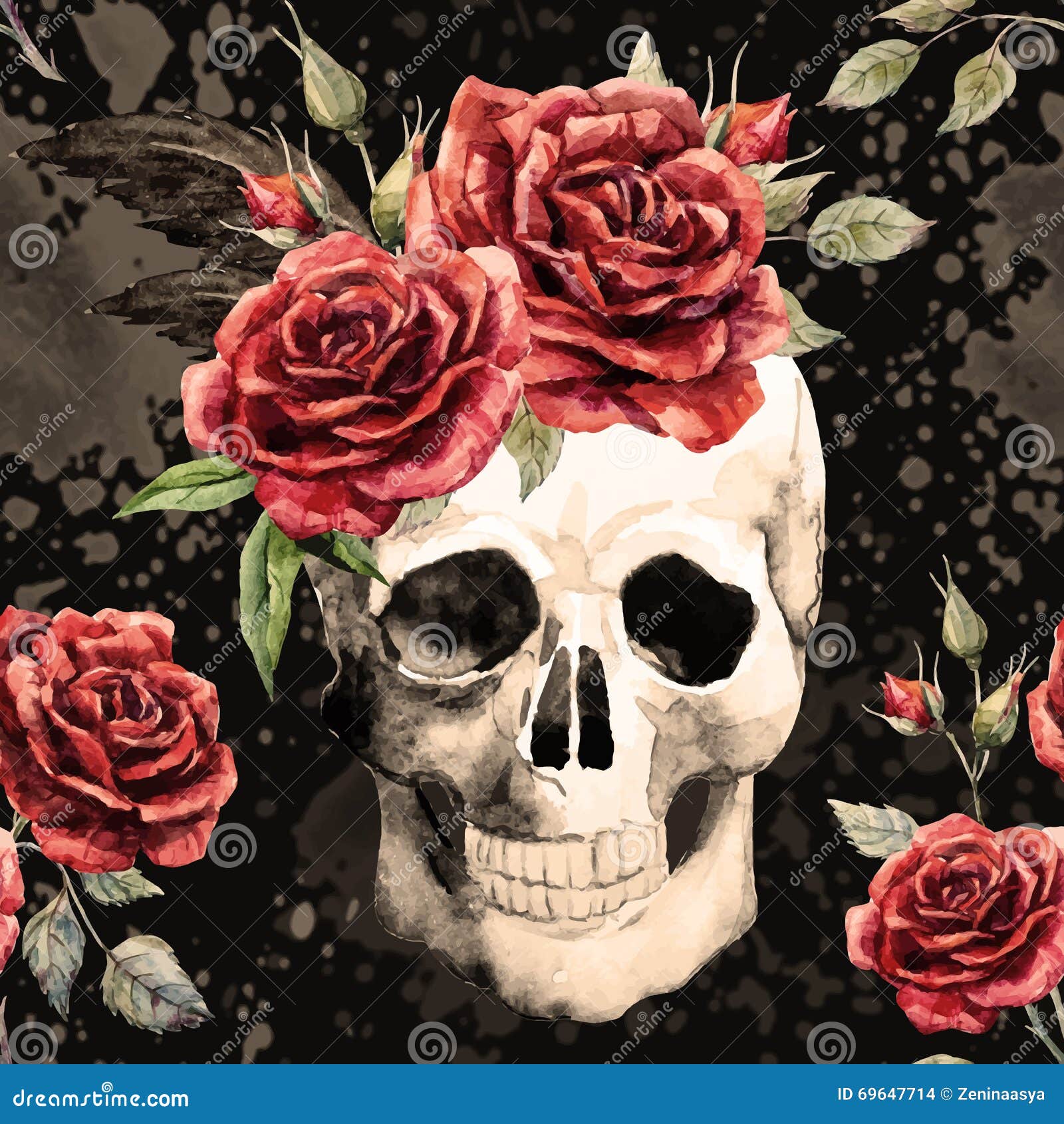 Watercolor Skull and Roses Pattern Stock Vector - Illustration of ...