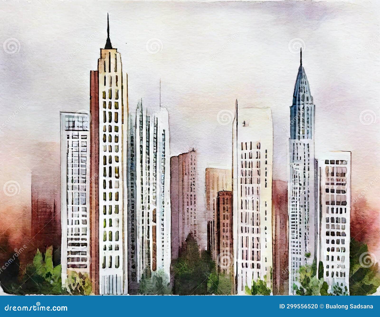 Watercolor of a Skyscraper with Setbacks and a Terraced Stock ...